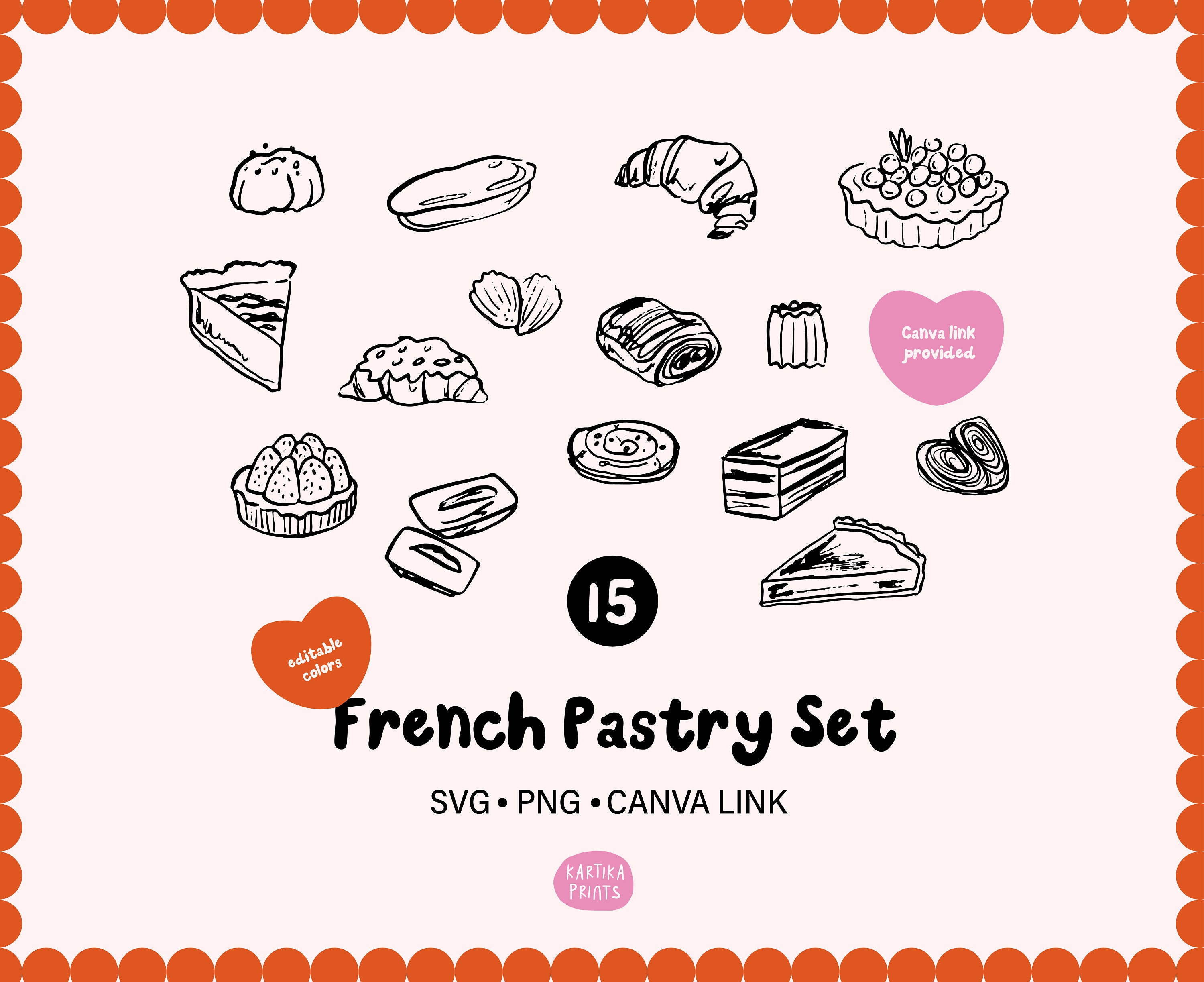 French Pastry SVG PNG | Bundle Hand Drawn French Bread Illustration ...