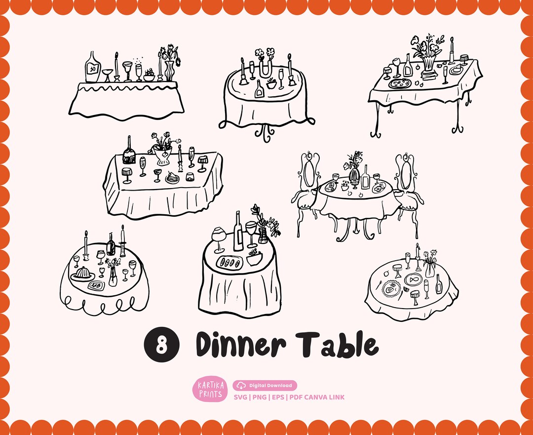 Bundle Hand Drawn Dinner Table SVG PNG | Drawing Rehearsal Wedding ...