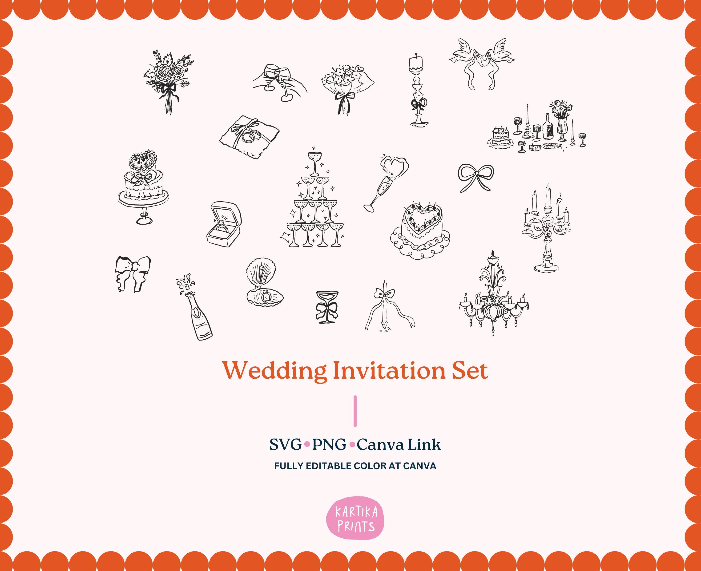 Bundle Hand Drawn Outline Illustration for Wedding Invitation SVG PNG ...
