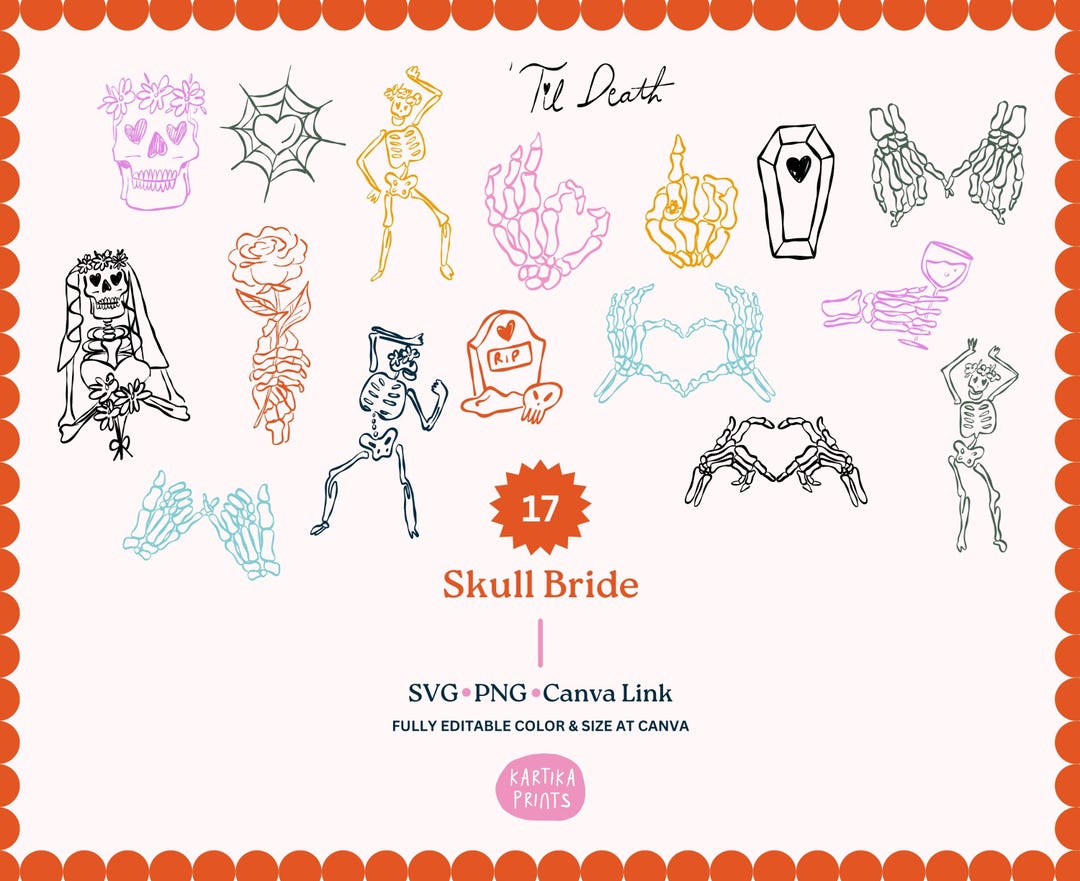 Skull Bride SVG PNG: Hand-drawn Halloween Bachelorette Party Designs ...