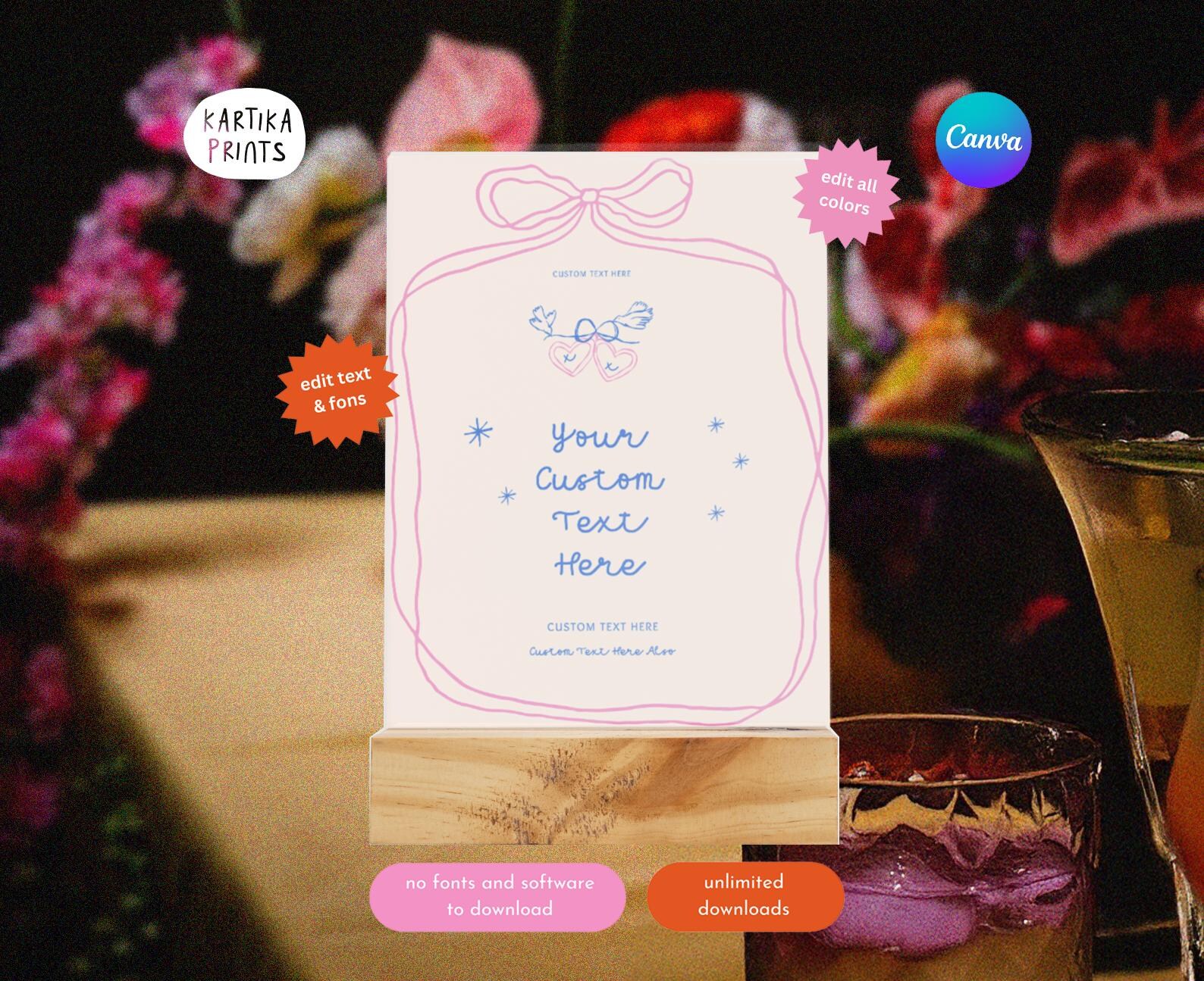 Custom Table Sign Canva Template | Whimsical Hand Drawn Bow Ribbon ...