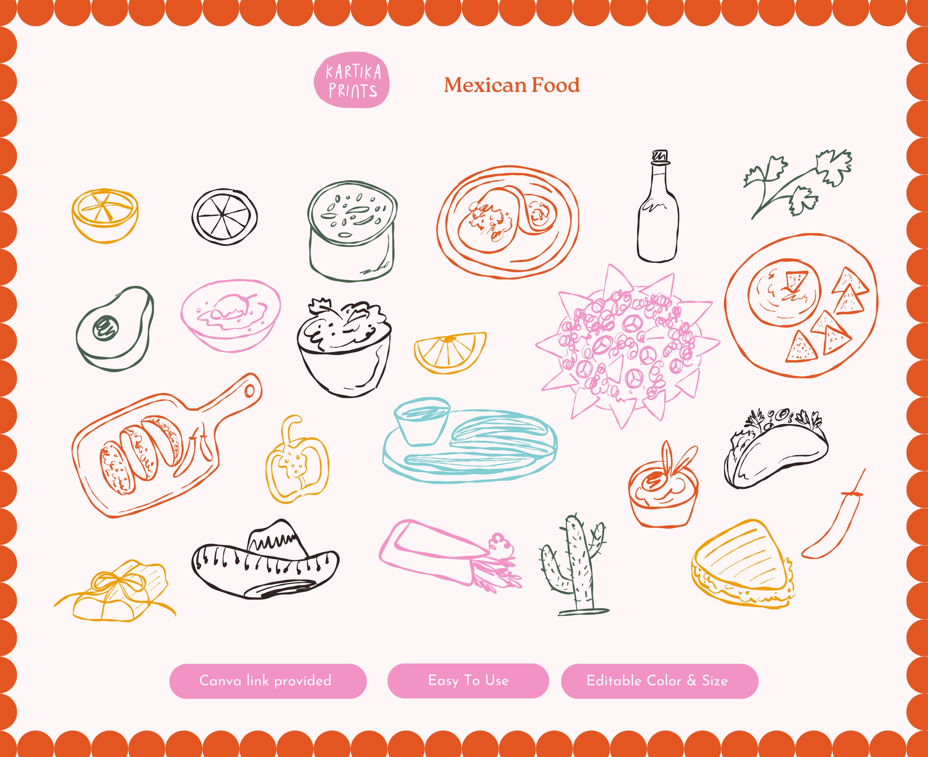 Mexican Food Illustration SVG PNG Bundle Hand Drawn Tacos Food Outline ...