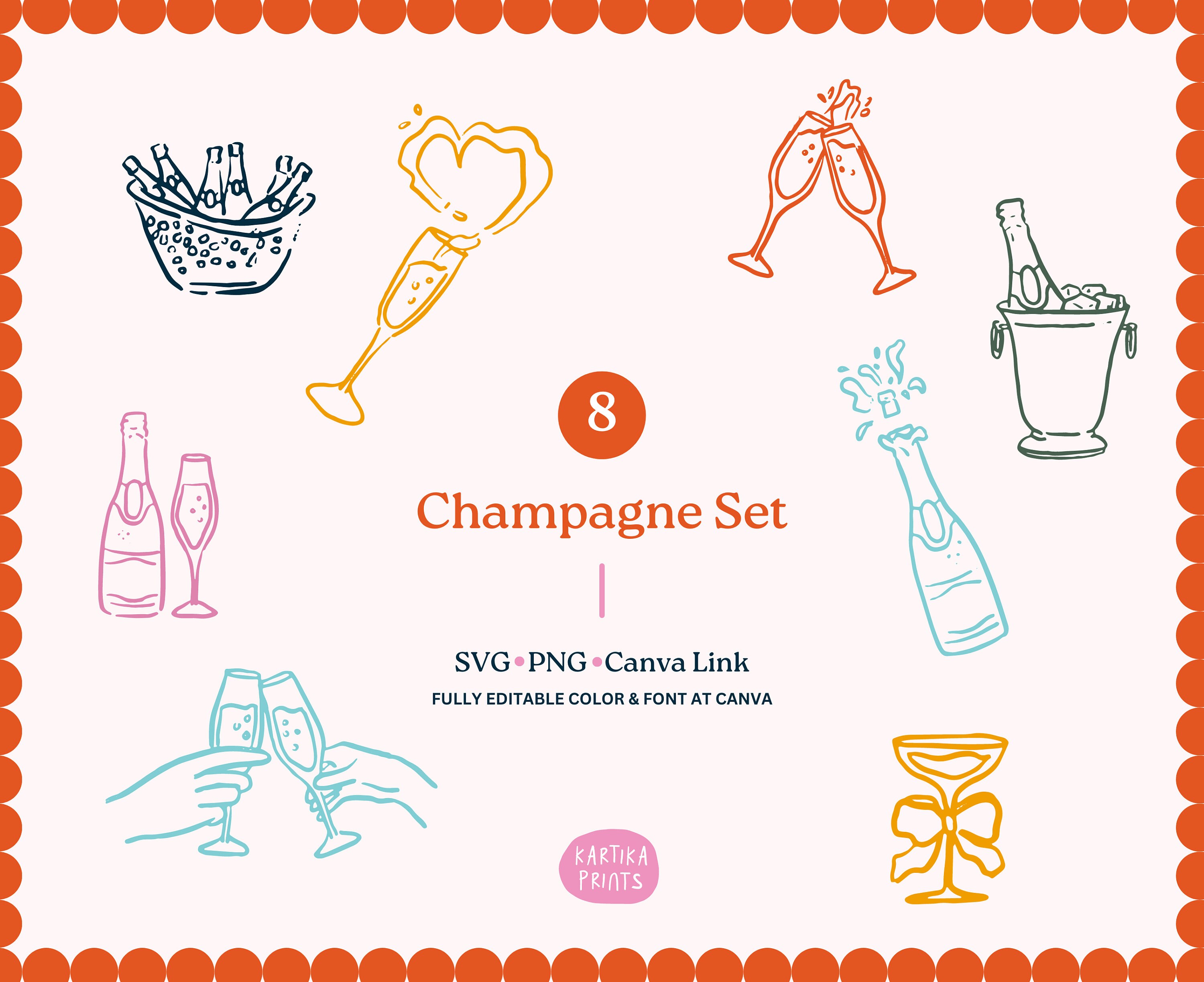 Bundle Hand Drawn Champagne Outline Illustration SVG PNG, Cheers ...