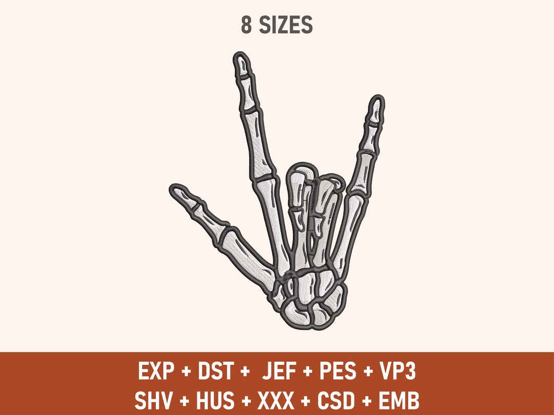 Skeleton Hand “I Love You” Embroidery Design, Skeleton Hand Embroidery ...