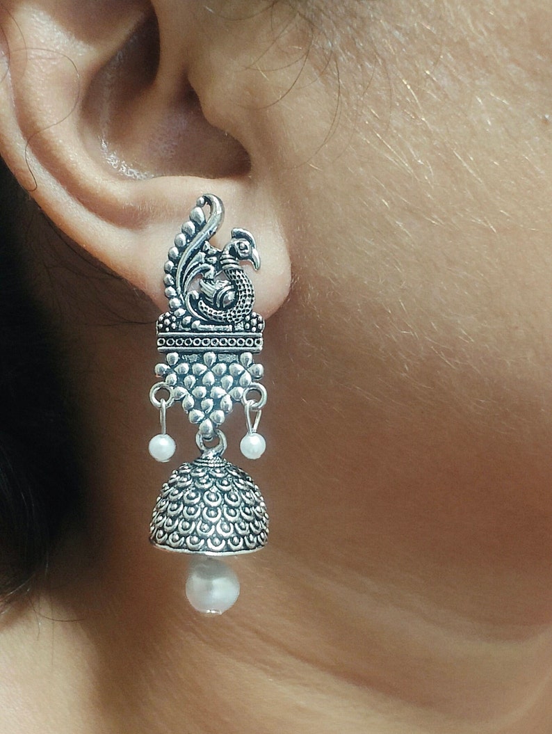 Peacock Style Stud Earrings - Mayur Earringelegant - Oxidized Silver ...