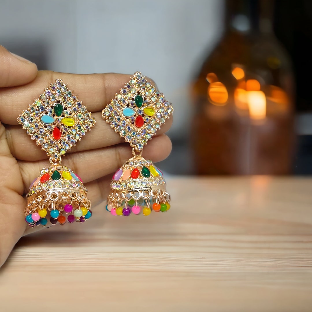 Bollywood Jhumka Earrings: Multicolor Beads, Traditional Indian Jewelry ...