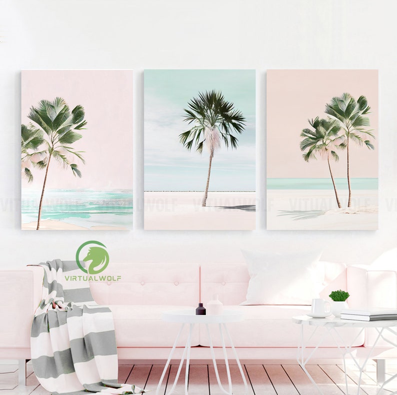 Watercolor Sun Beach Palm Tree Canvas Wall Art, Pink Beach Wall Art ...