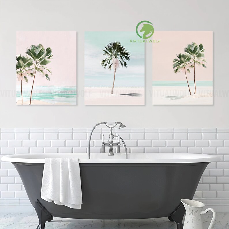 Watercolor Sun Beach Palm Tree Canvas Wall Art, Pink Beach Wall Art ...