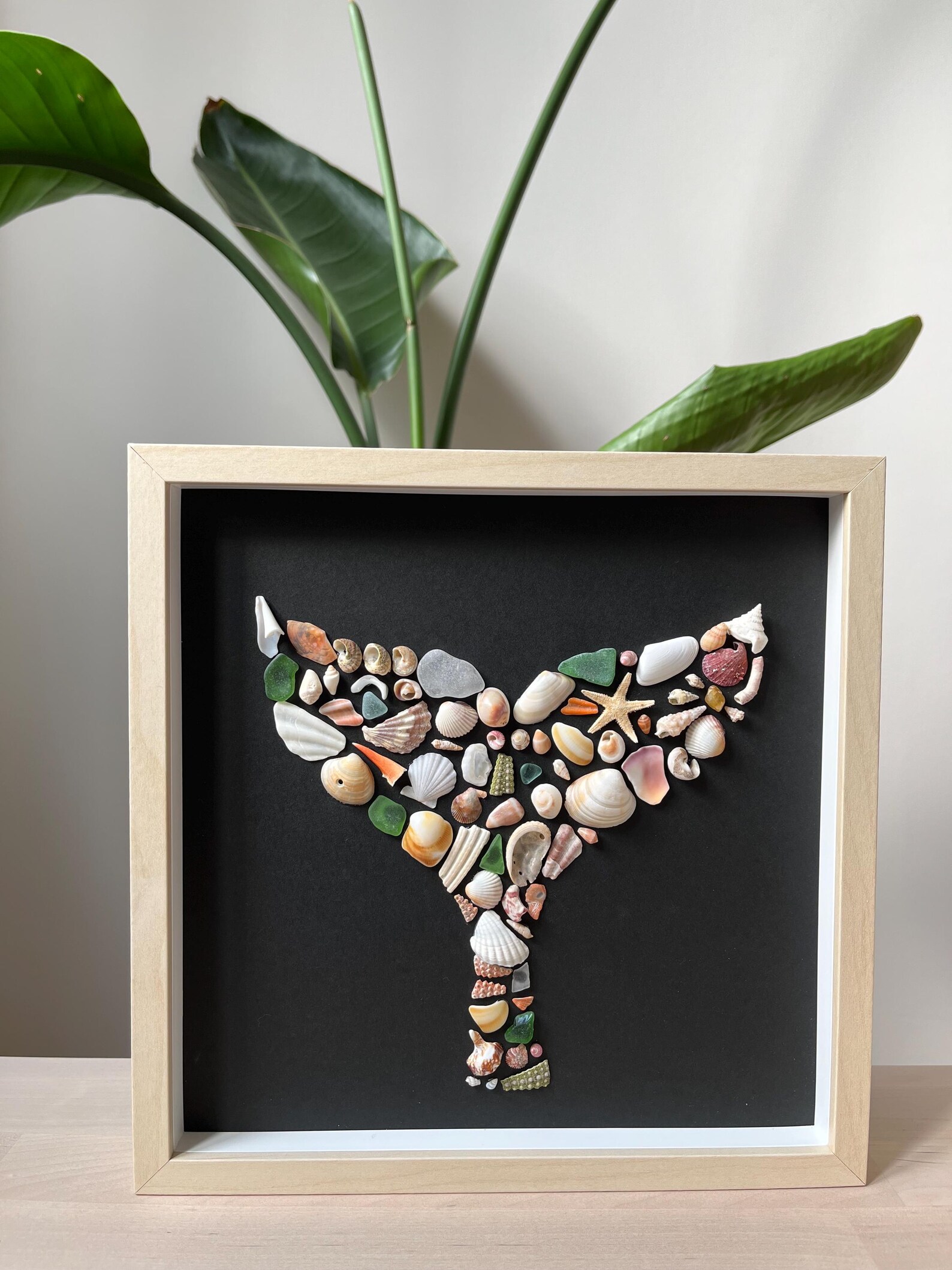 Whale Tail - Sea Shell and Sea Glass Collage, Framed in a Shadow Box ...
