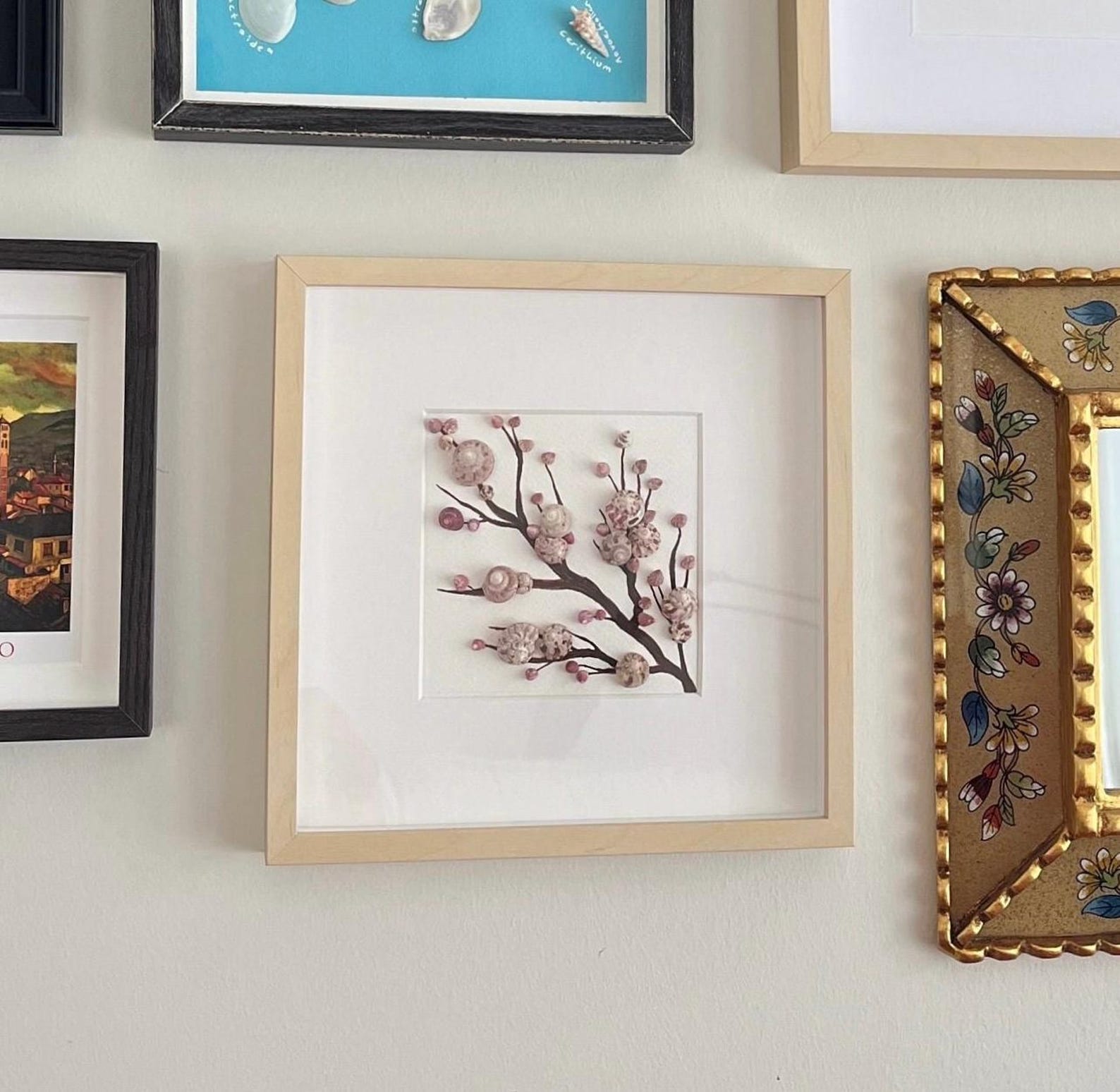 Abstract Sakura Branch With Sea Shells, Shadow Box Mosaic Art, Almond ...