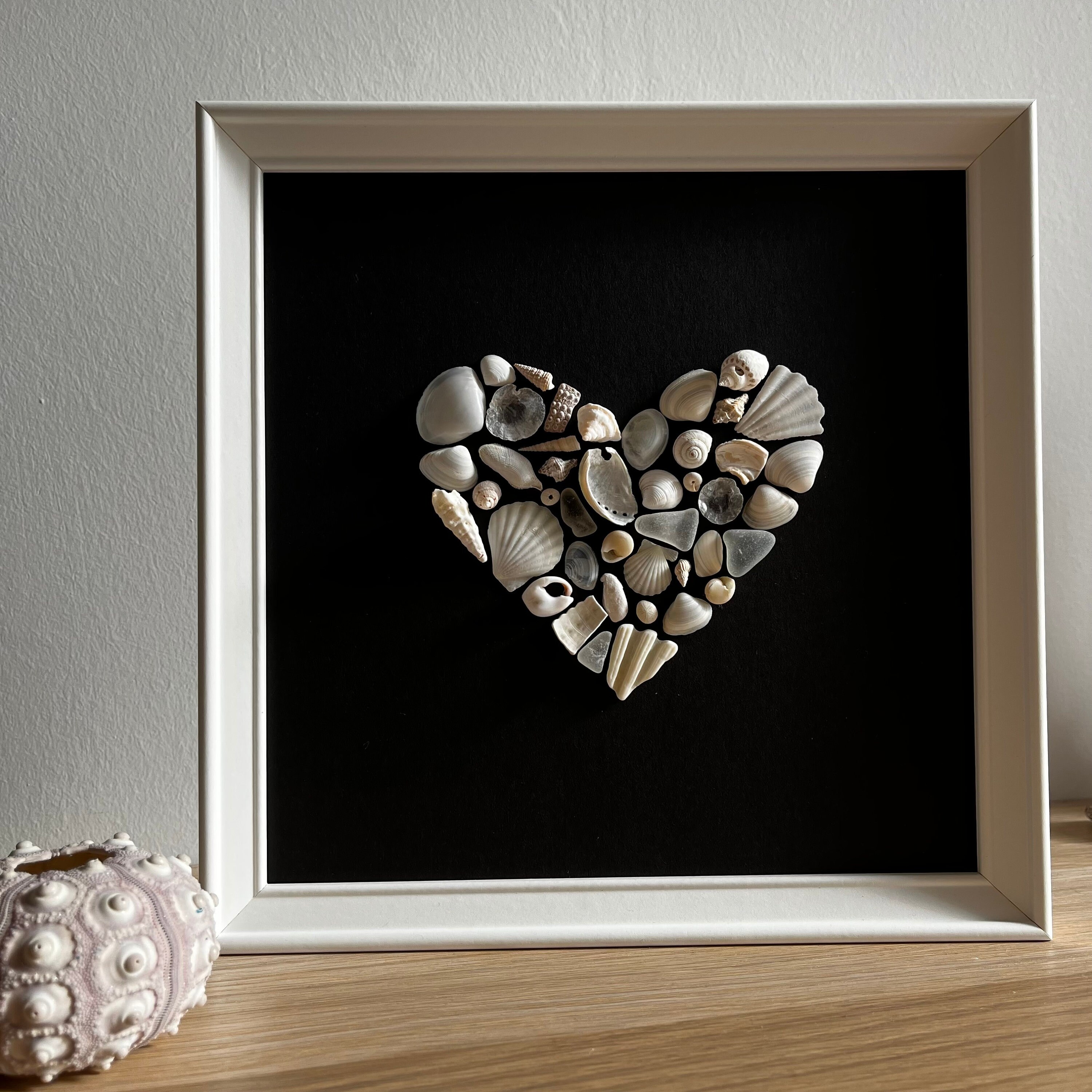 Black & White Heart, Sea Shell Frame, Sea Glass Artwork, Anniversary ...