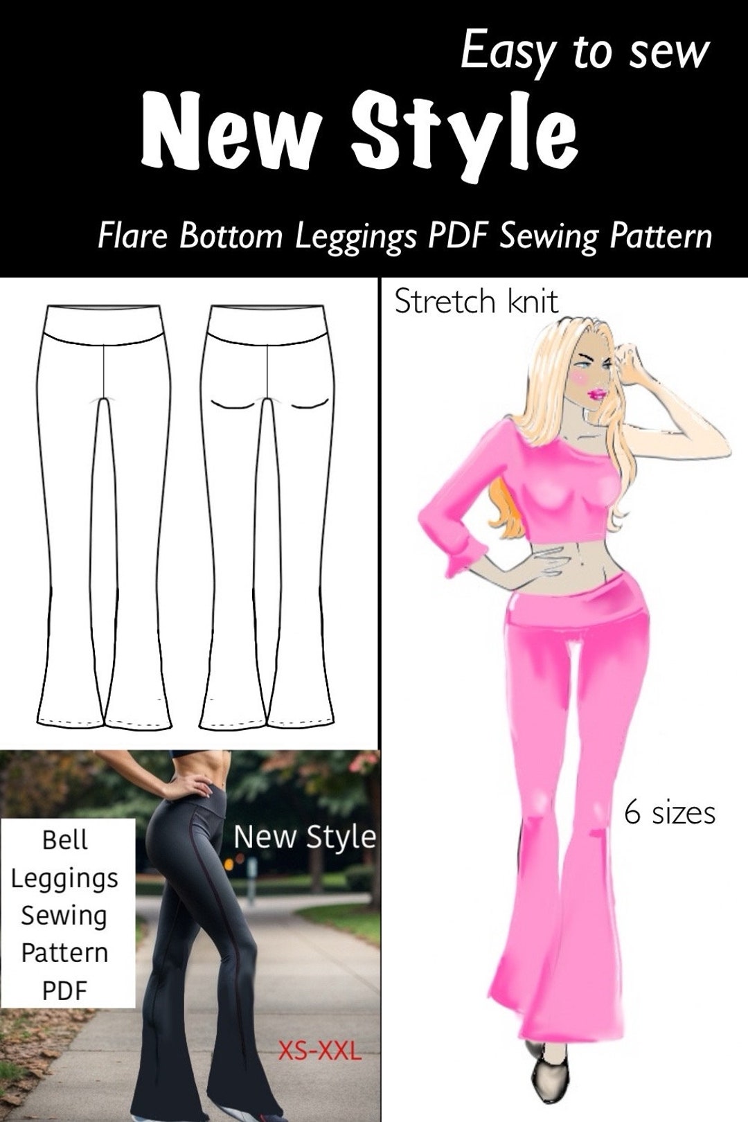 Bell Leggings PDF Sewing Pattern. Flare Bottom Leggings, Stretch Pants ...
