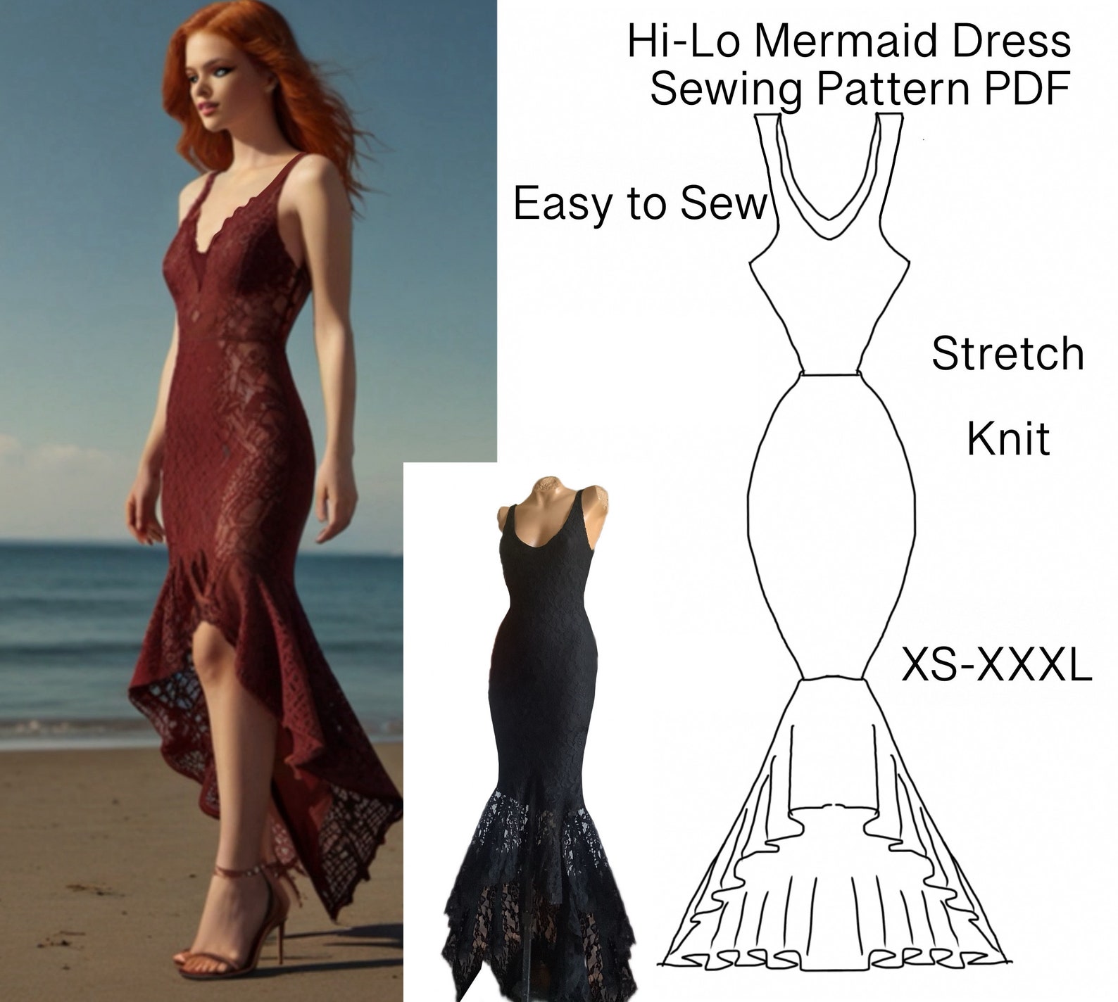 High-low Mermaid Dress PDF Sewing Pattern. 7 Sizes|prom Dress Pdf|dress ...