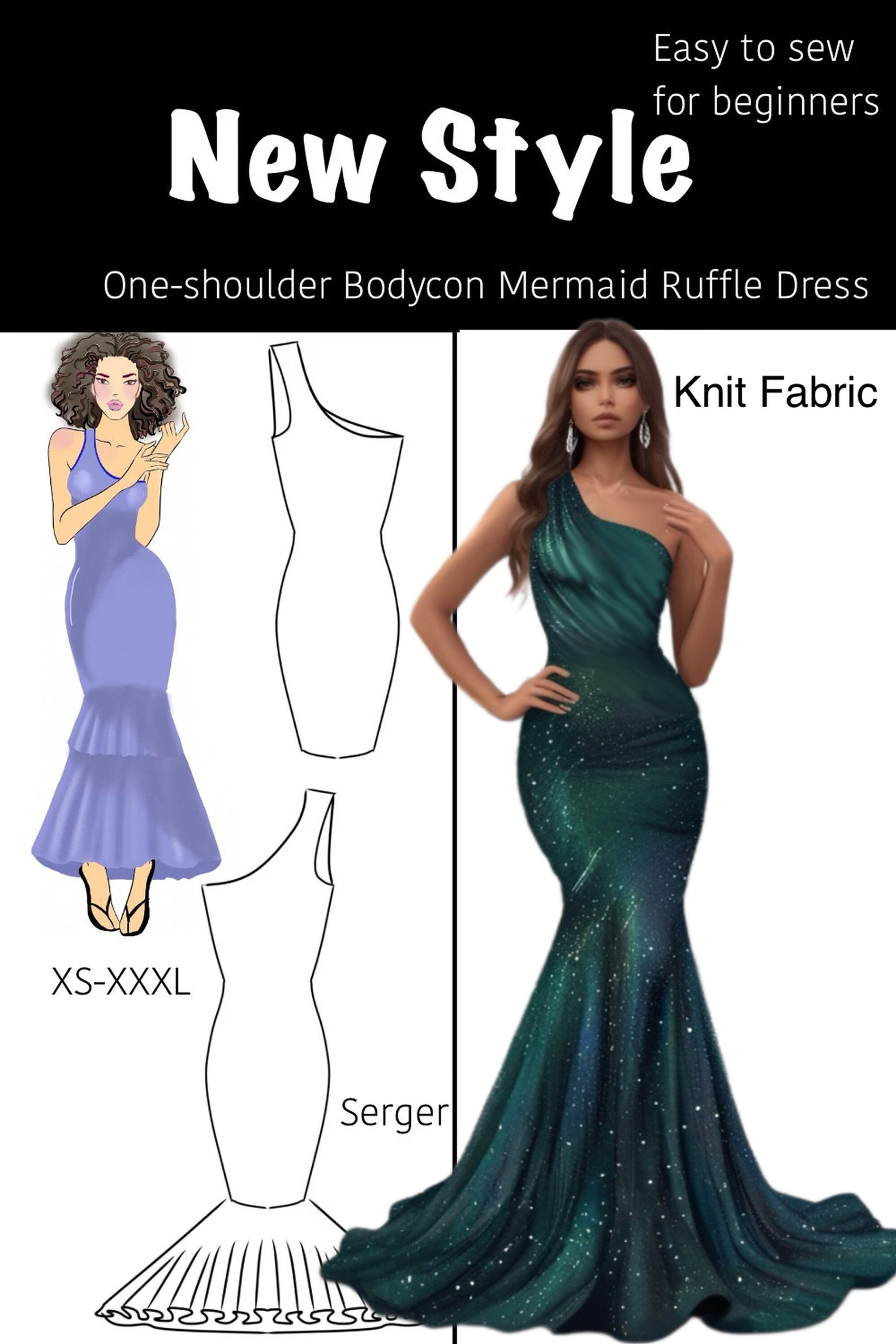 One-shoulder Mermaid Dress Sewing Pattern PDF. 7 Sizes Mermaid Vacation ...