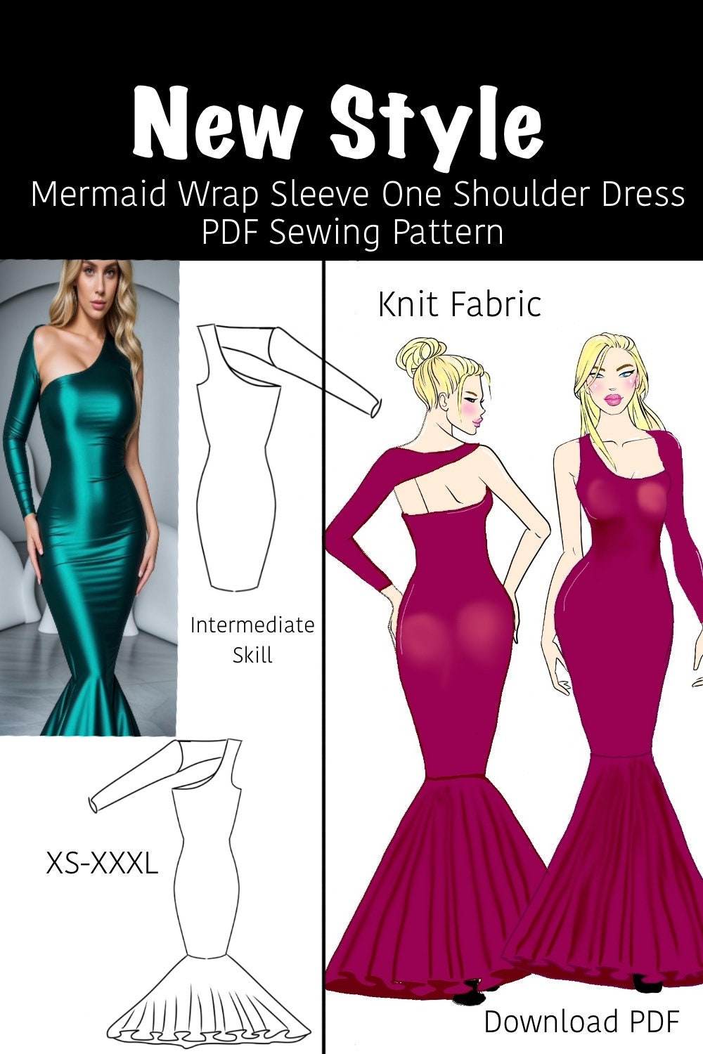 Mermaid Wrap-sleeve Prom Dress PDF Sewing Pattern. 7 Sizes|prom Dress Pdf|woman Sewing Pattern ...