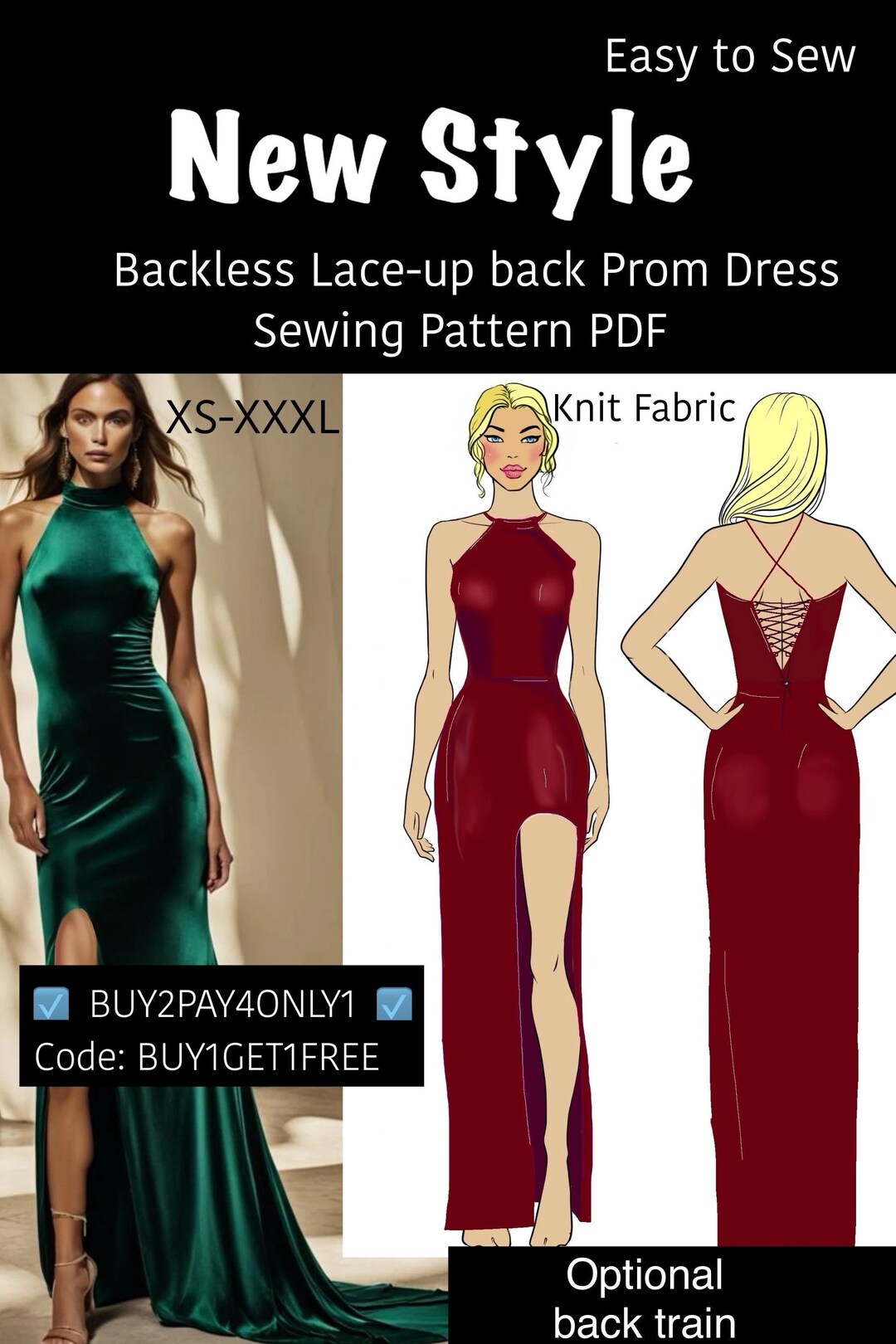 Backless Dress Sewing Pattern PDF. High Slit, Maxi Party Prom Dress. 7 ...