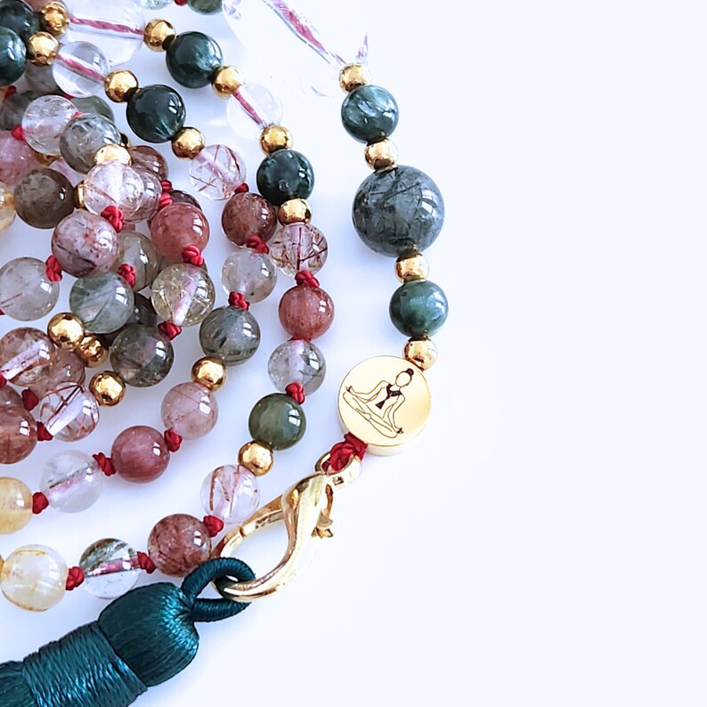 Collier mala, Mala, 108 perles, 6 mm, pierres naturelles, quartz rutilé ...