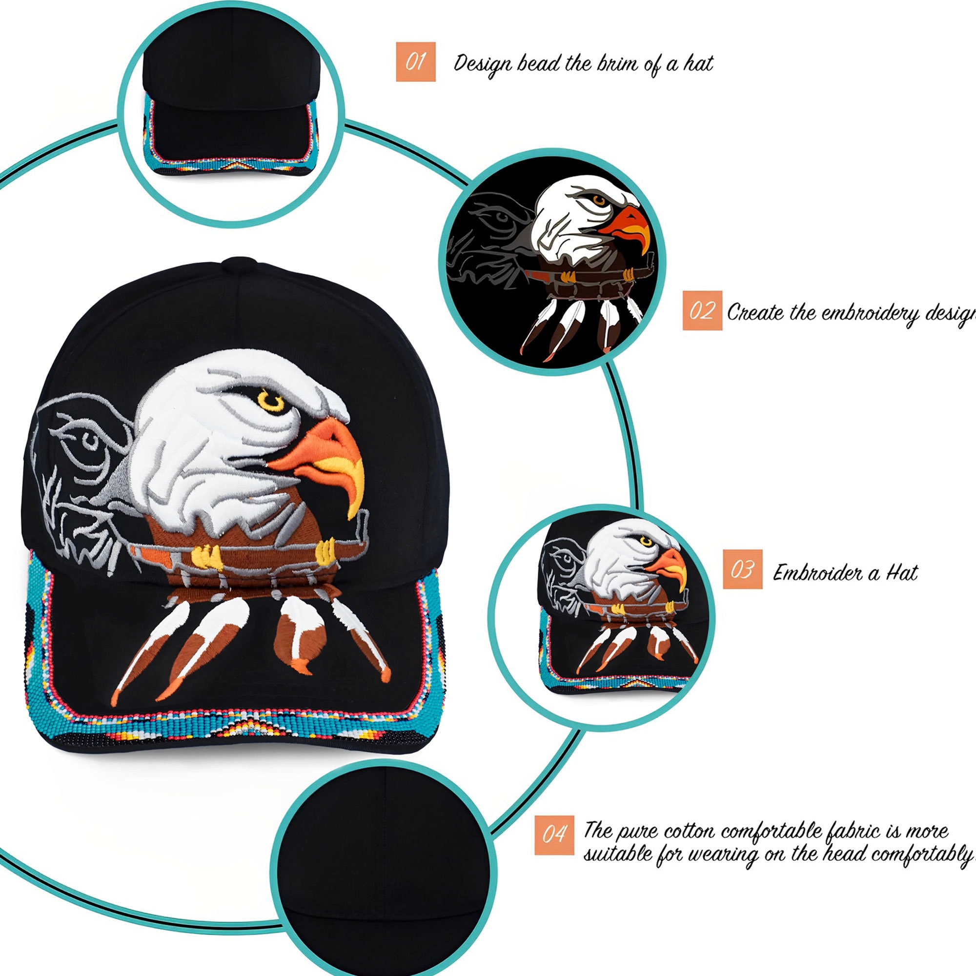 Native American Eagle With Pipe Embroidered Handmade Beaded Brim ...