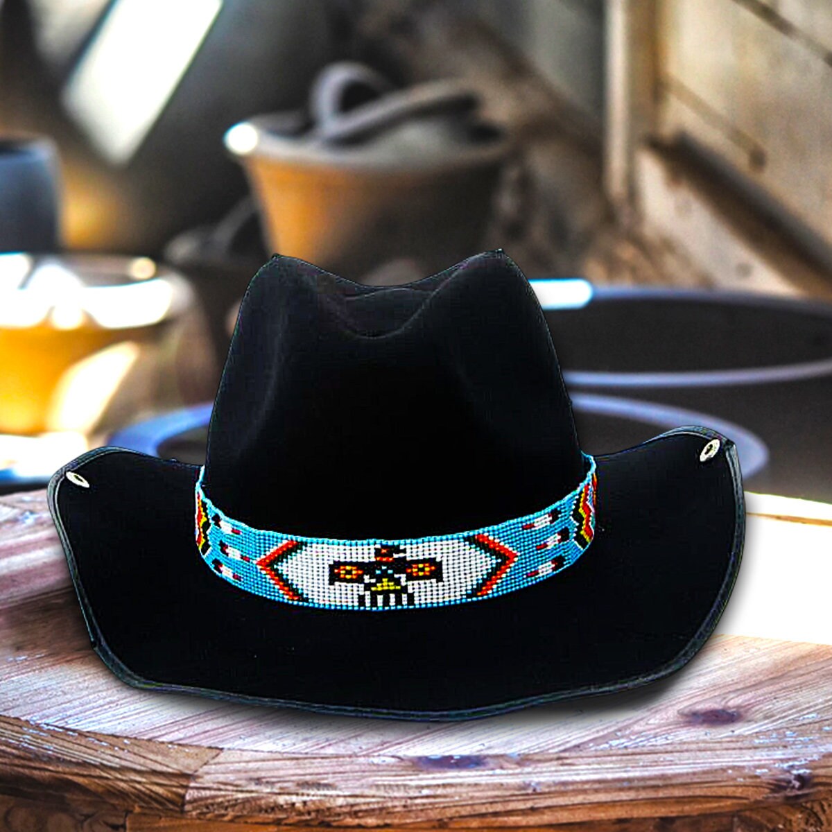 Blue White Red Yellow Seed Beaded Thunderbird Beadwork Cowboy - Etsy