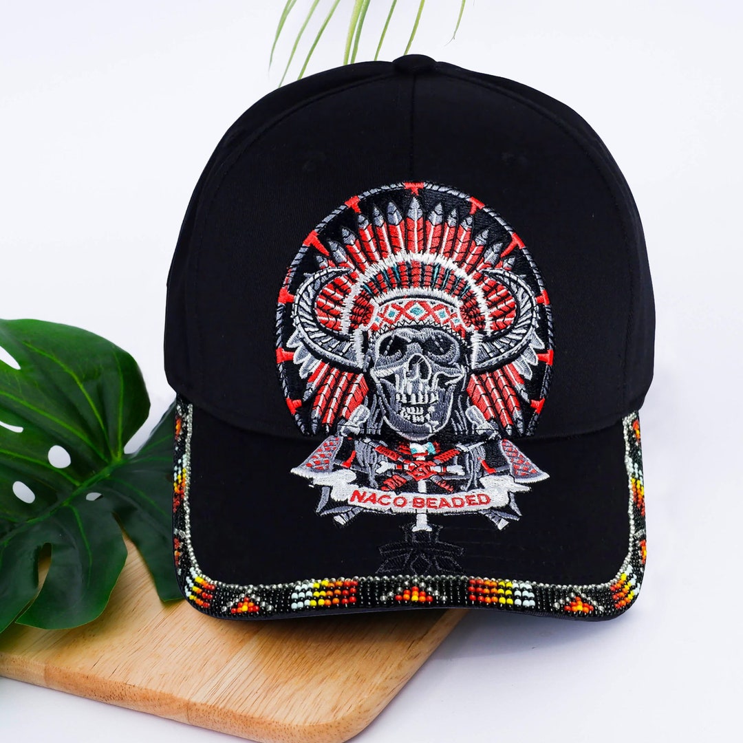 Native American Skull With Headdress Embroidered Handmade Beaded Brim ...