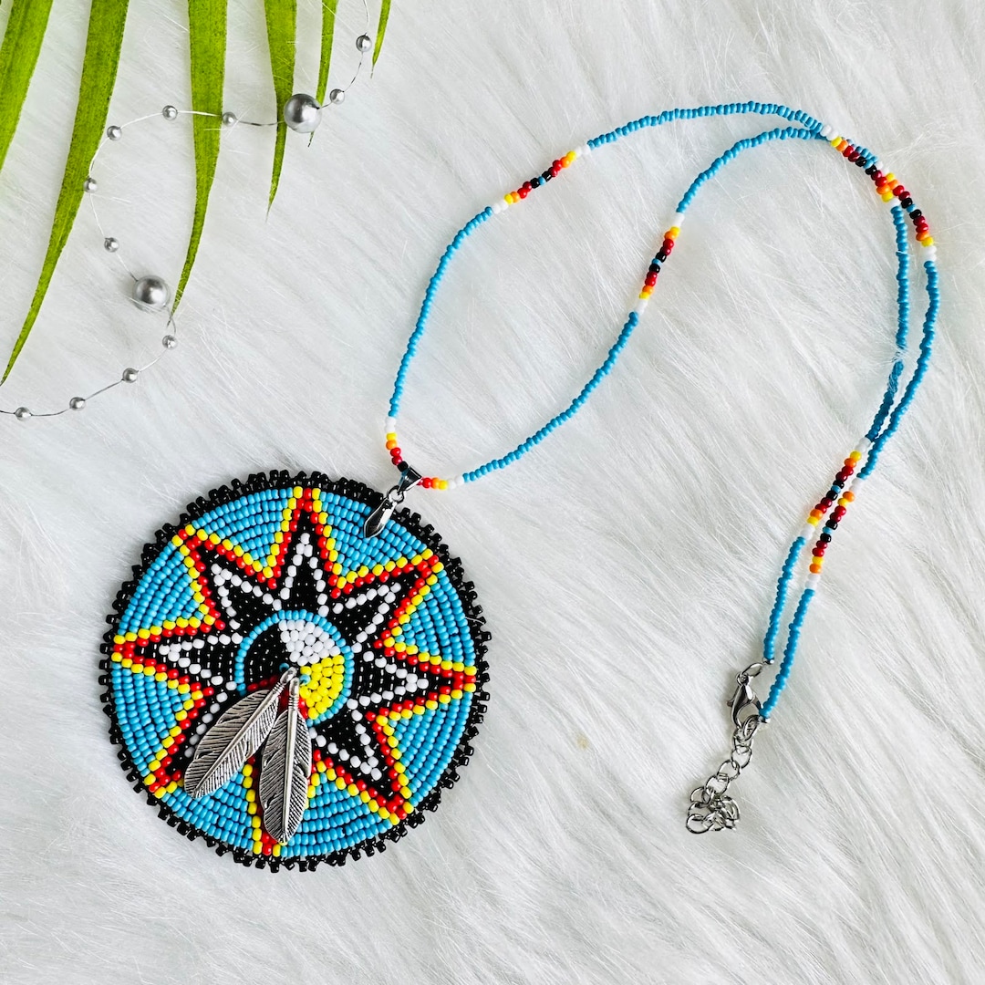 Medicine Wheel Star Handmade Beaded Patch Necklace, Native Americans ...