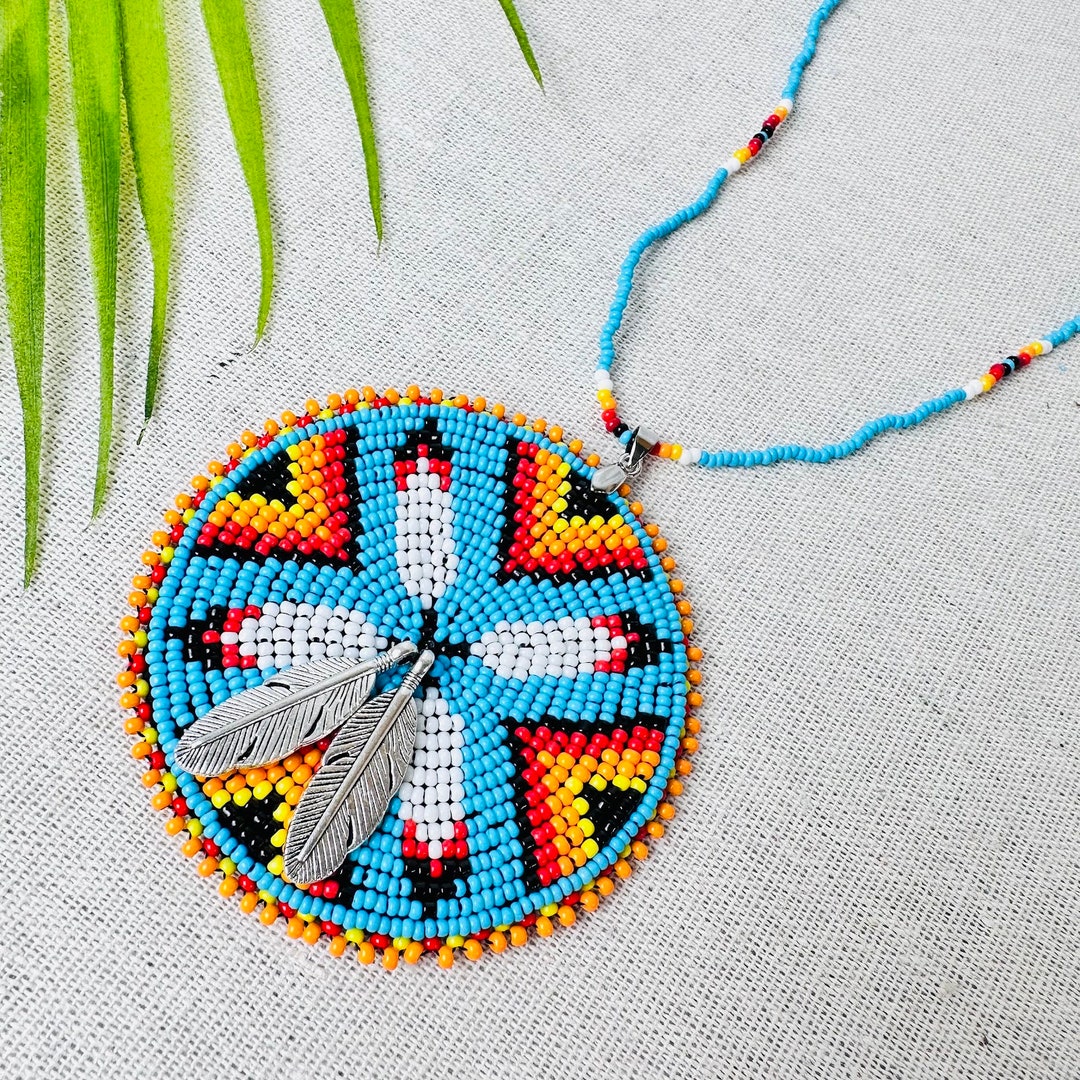 Four Feather Handmade Beaded Wire Necklace Pendant, Native Americans ...