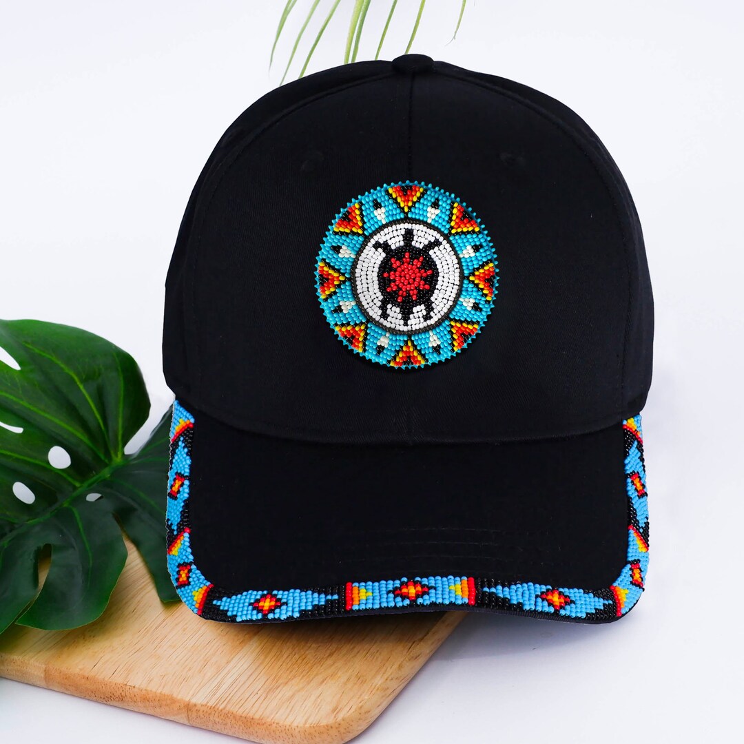 Native American Blue Turtle Feather Pattern Handmade Beaded Patch Brim ...