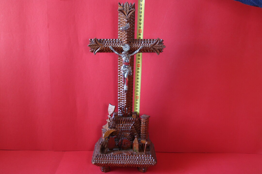 Antique Chip Carved Tramp Art Crucifix With Polish Alloy Corpus C1920 ...