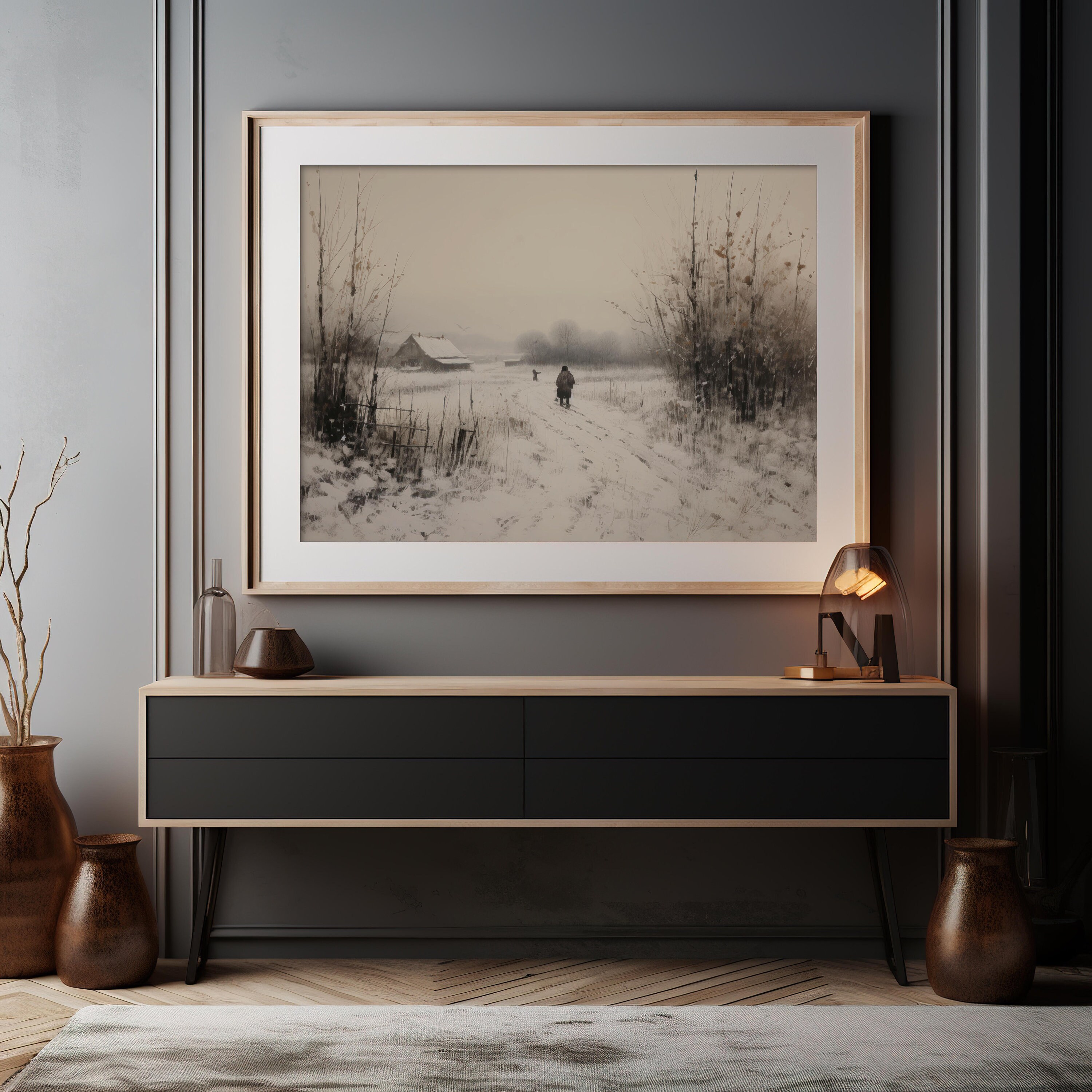 Vintage Winter Landscape Print Rustic Sky Snow and Tree - Etsy