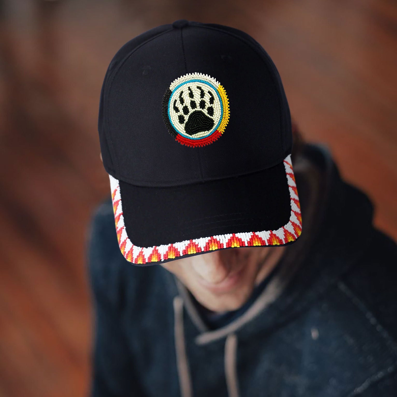Native American Bear Paw Handmade Beaded Patch Brim Trucker Cap ...