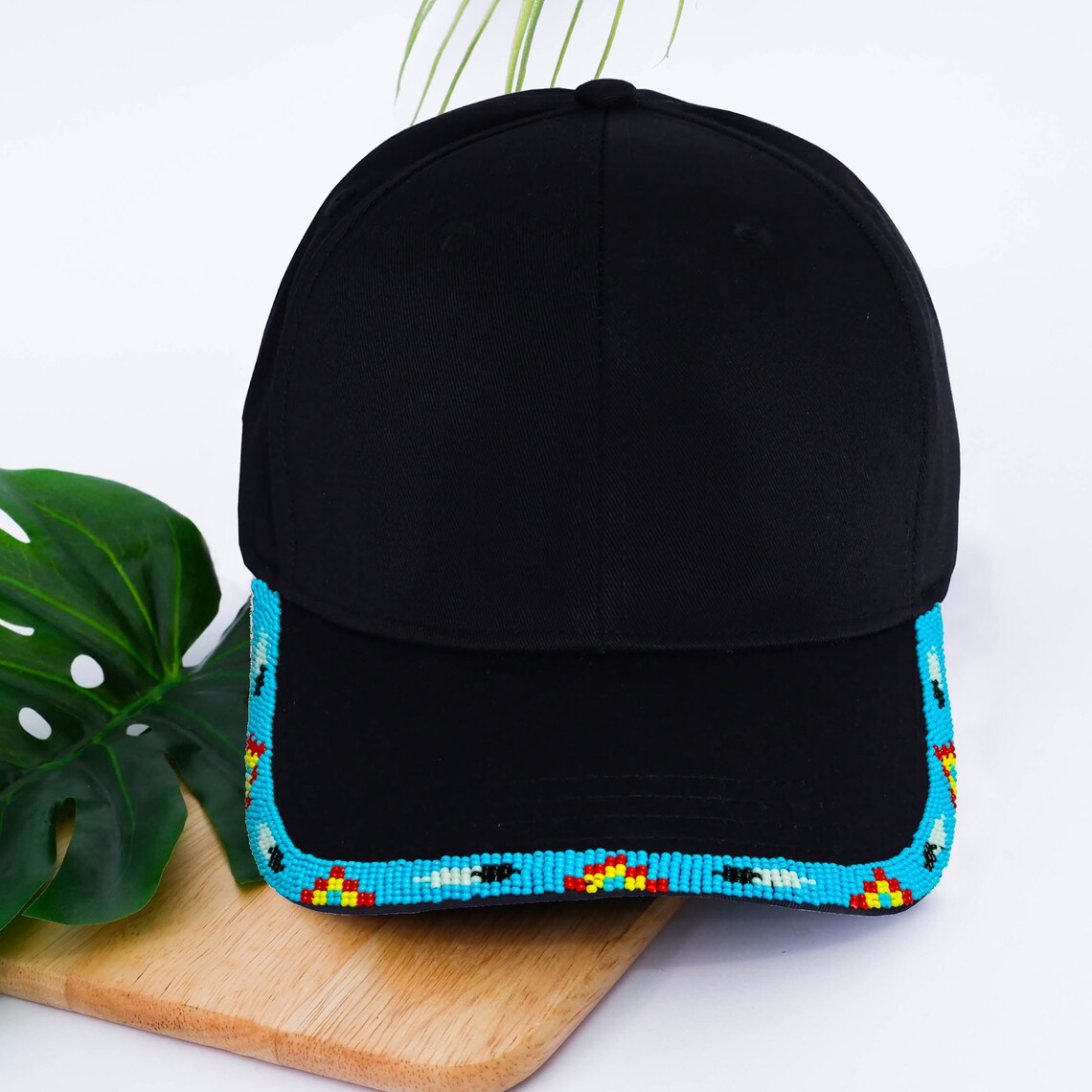 Native American Blue Feathers Pattern Handmade Seed Beaded Brim Trucker ...