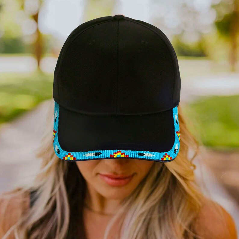 Native American Blue Feathers Pattern Handmade Seed Beaded Brim Trucker ...