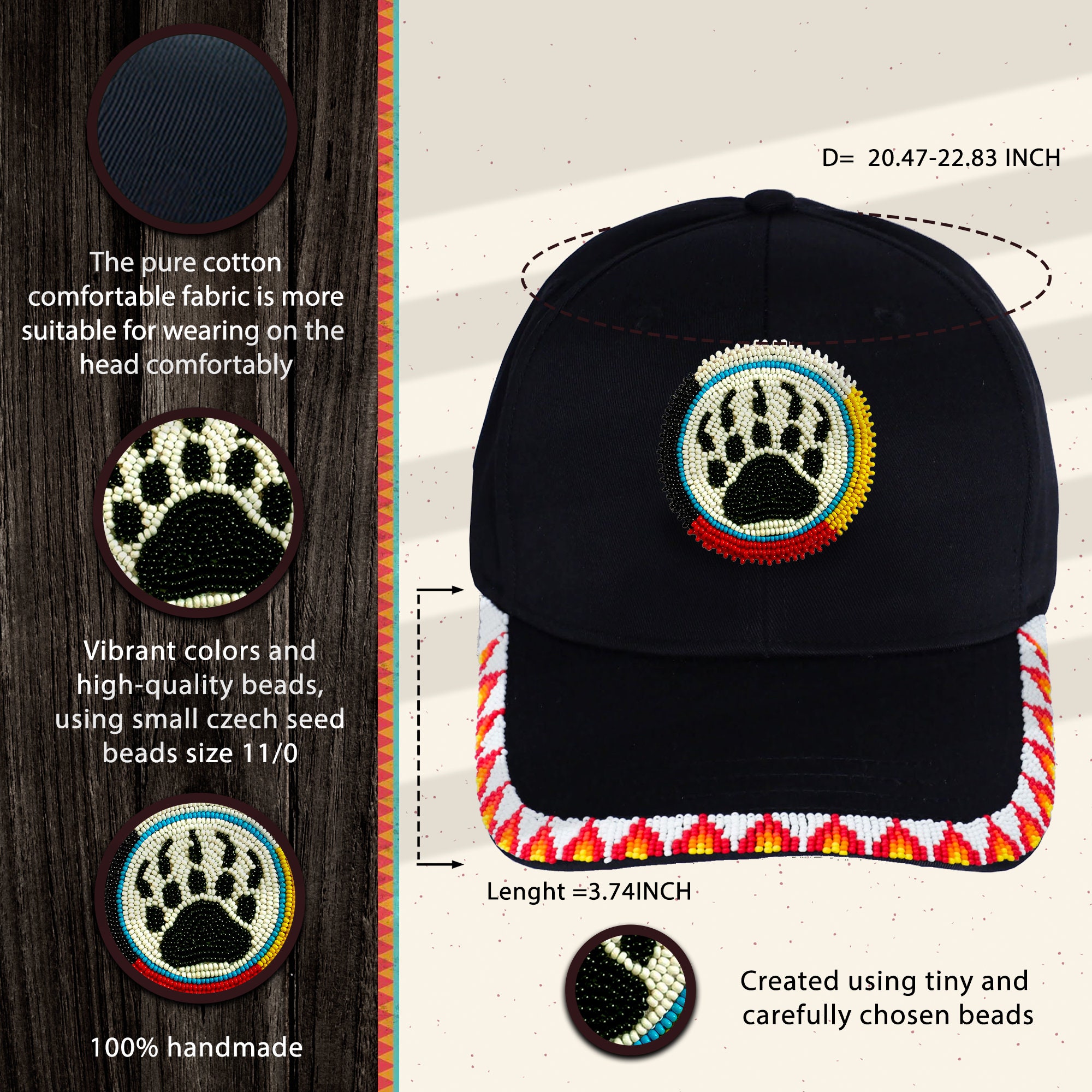Native American Bear Paw Handmade Beaded Patch Brim Trucker Cap ...