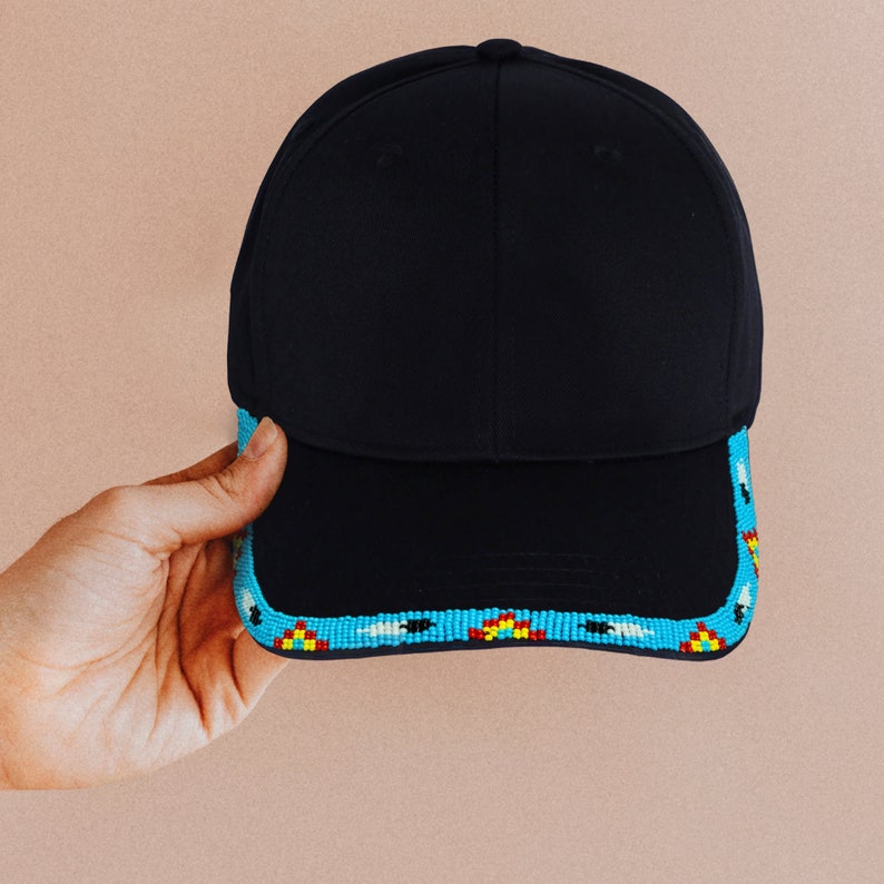 Native American Blue Feathers Pattern Handmade Seed Beaded Brim Trucker Cap, Native American Cap ...