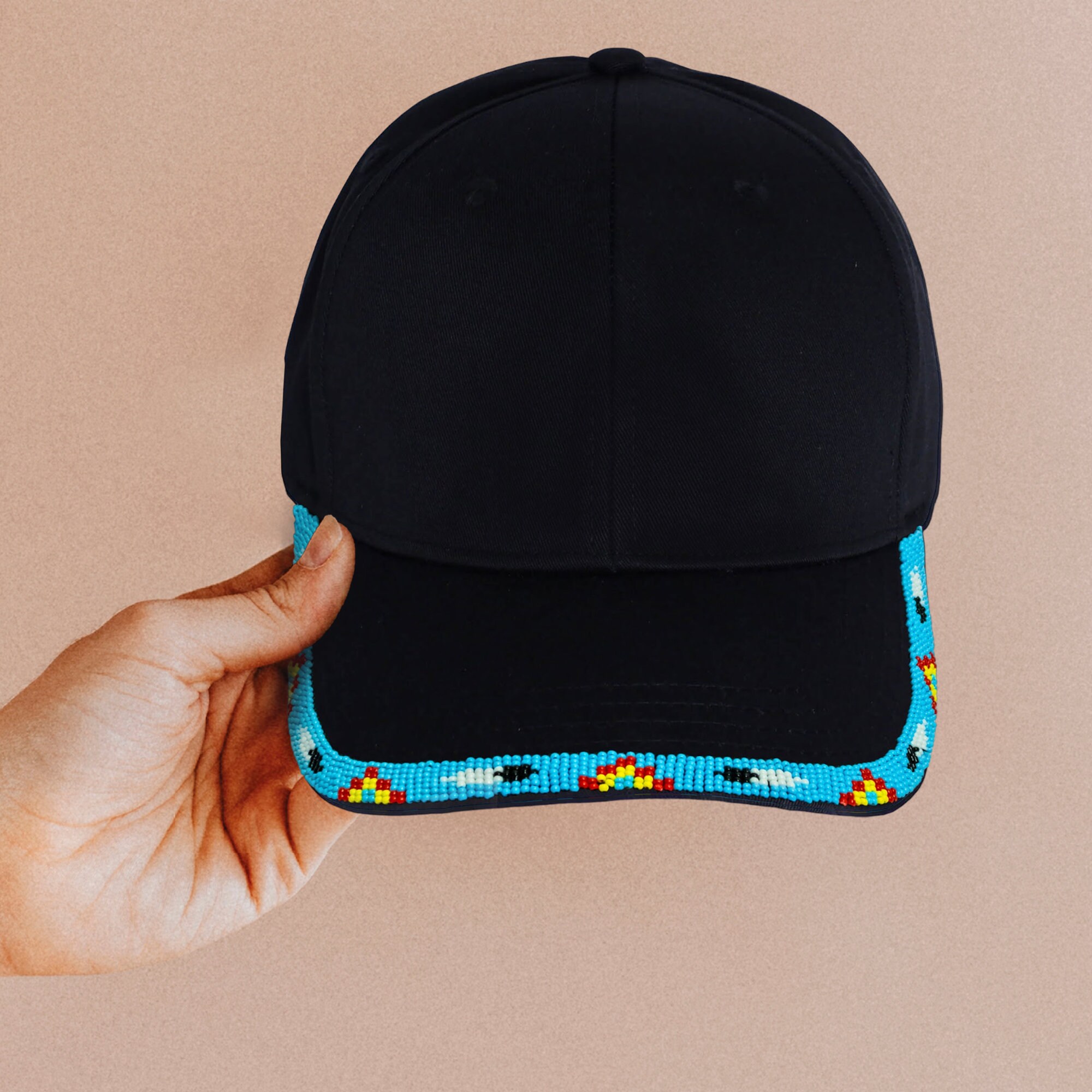 Native American Blue Feathers Pattern Handmade Seed Beaded Brim Trucker ...