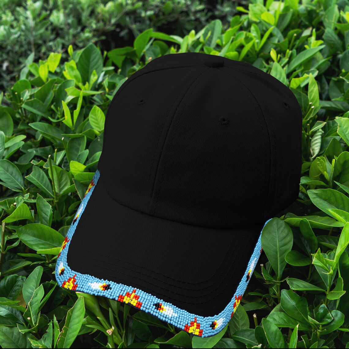 Native American Blue Feathers Pattern Handmade Seed Beaded Brim Trucker ...