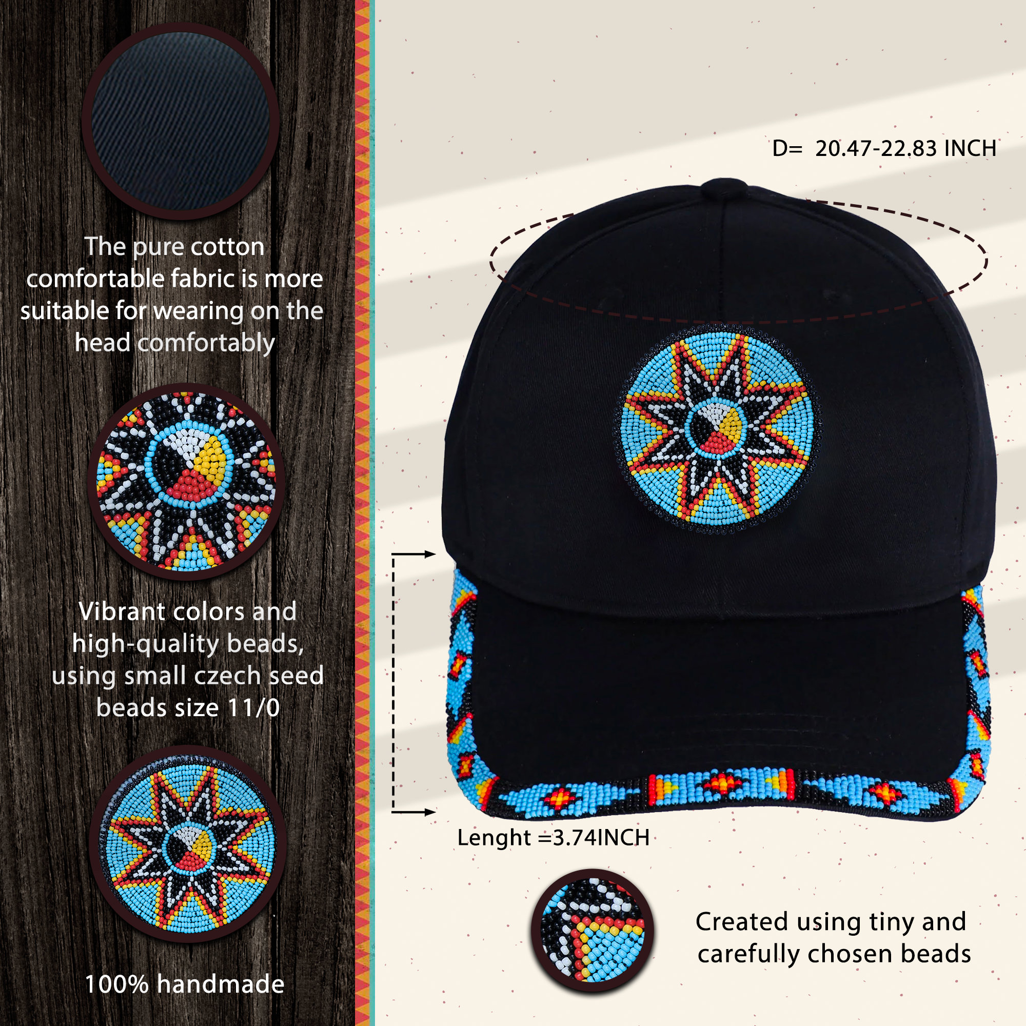 Native American Medicine Wheel Star Beaded Patch Brim Cap, Handmade ...