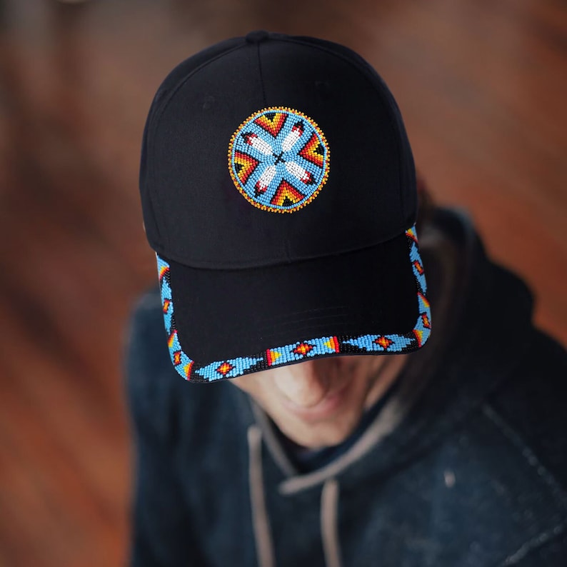 Native American Four Feather Handmade Beaded Patch Brim Trucker Cap ...