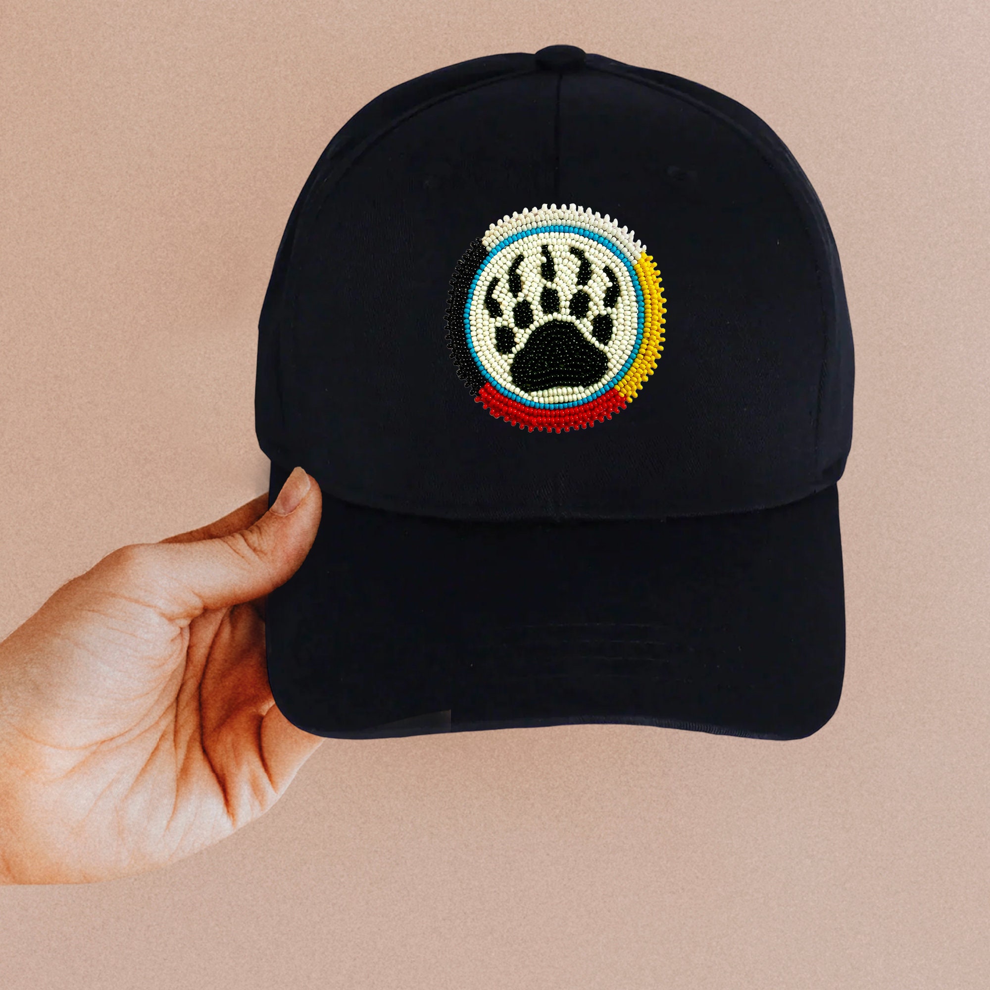 Native American Bear Paw Handmade Beaded Patch Brim Trucker Cap ...