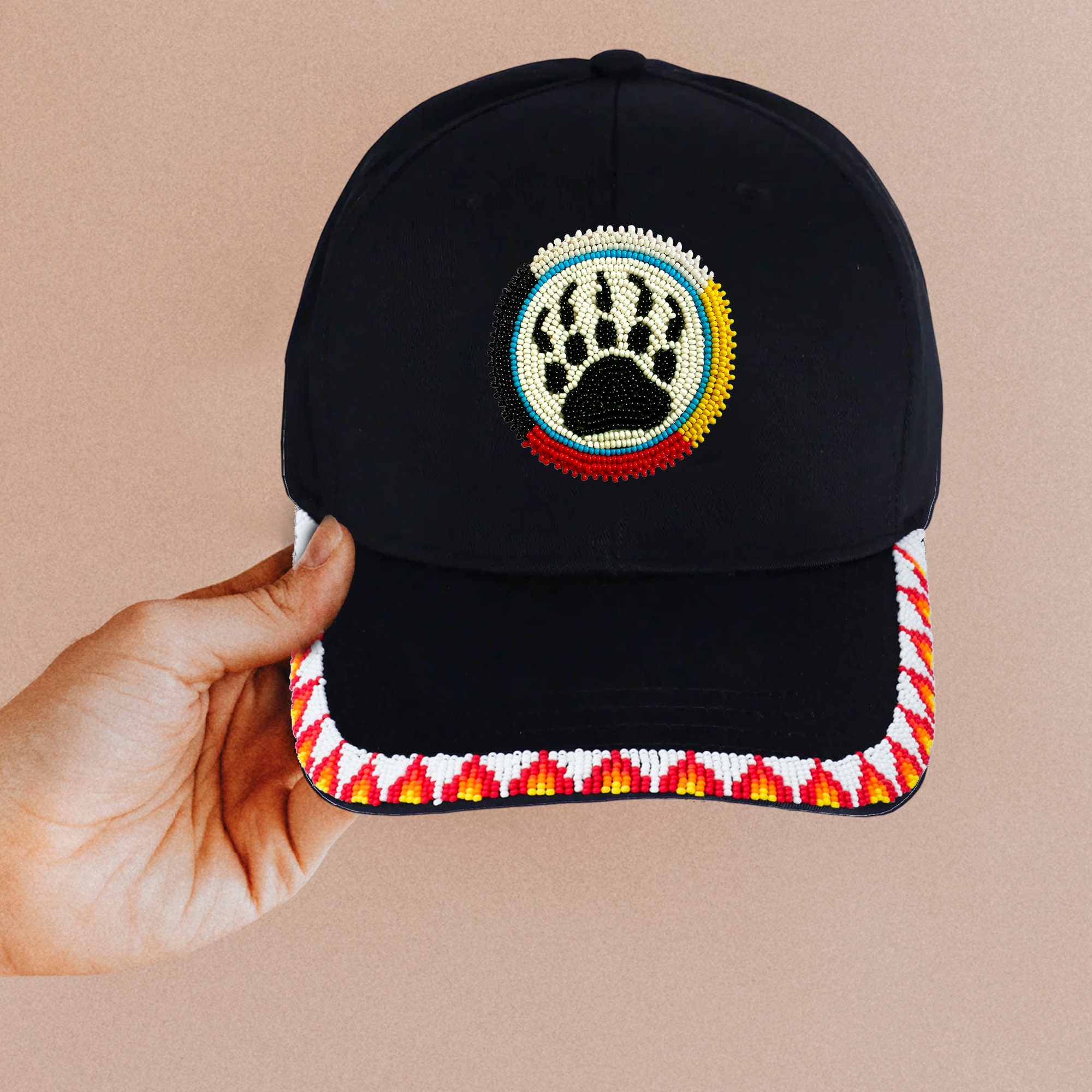 Native American Bear Paw Handmade Beaded Patch Brim Trucker Cap ...