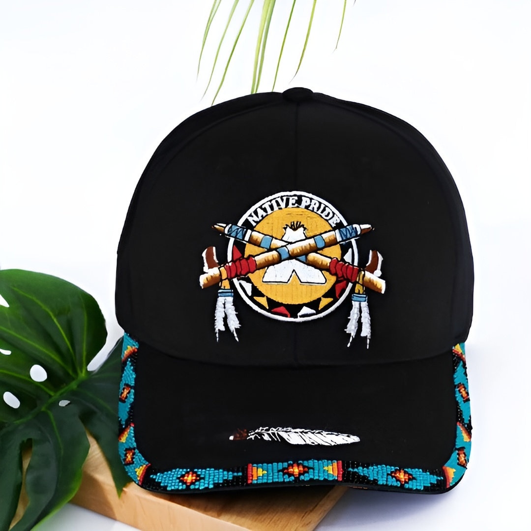 Native Pride Emblem Embroidered Handmade Beaded Brim Trucker Cap ...