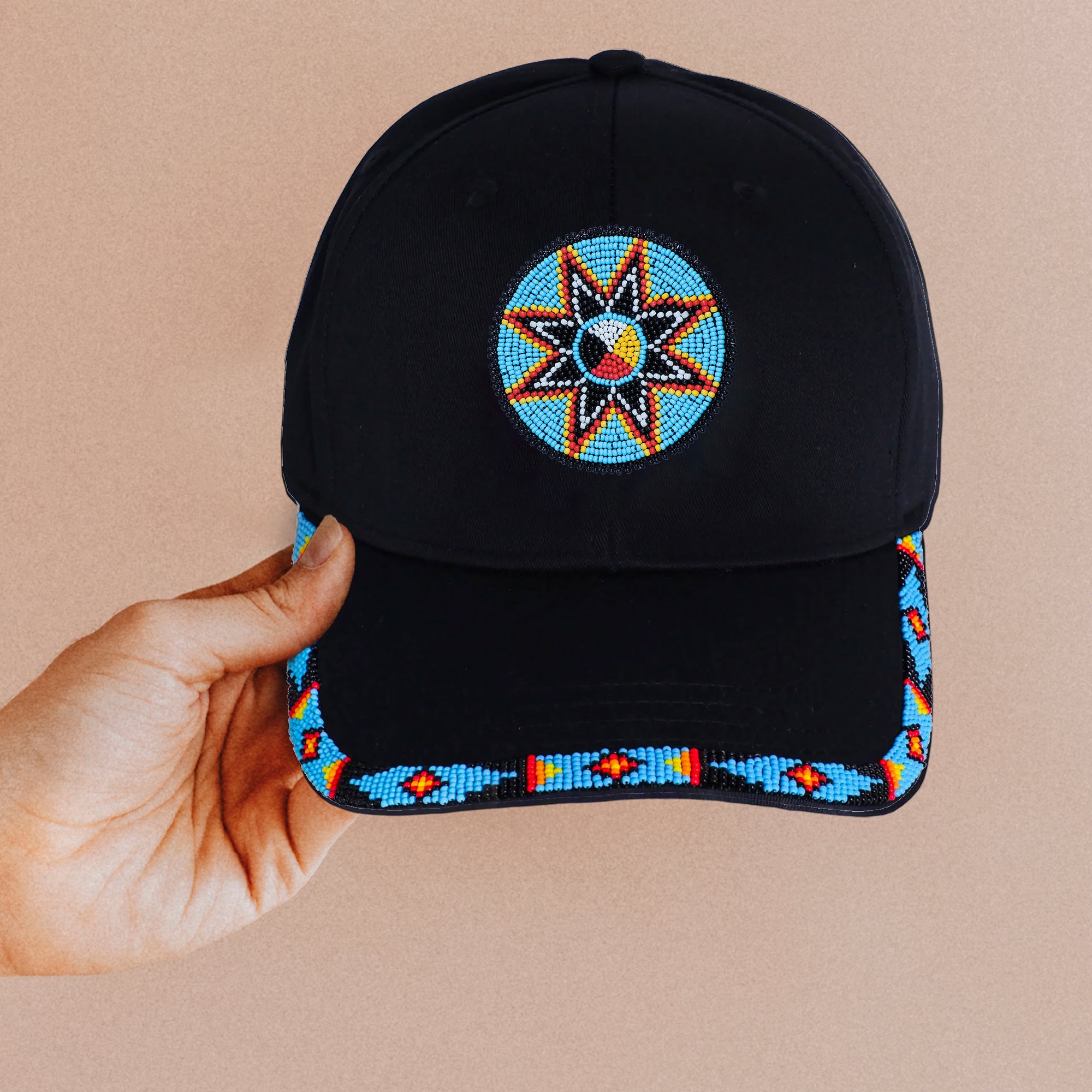 Native American Medicine Wheel Star Beaded Patch Brim Cap, Handmade Unisex Hat, Beaded Trucker ...