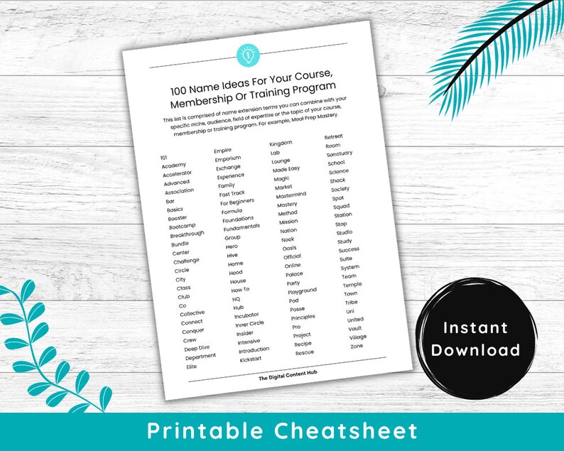 Printable Cheat Sheet, 100 Name Ideas for Your Course, Training Program ...