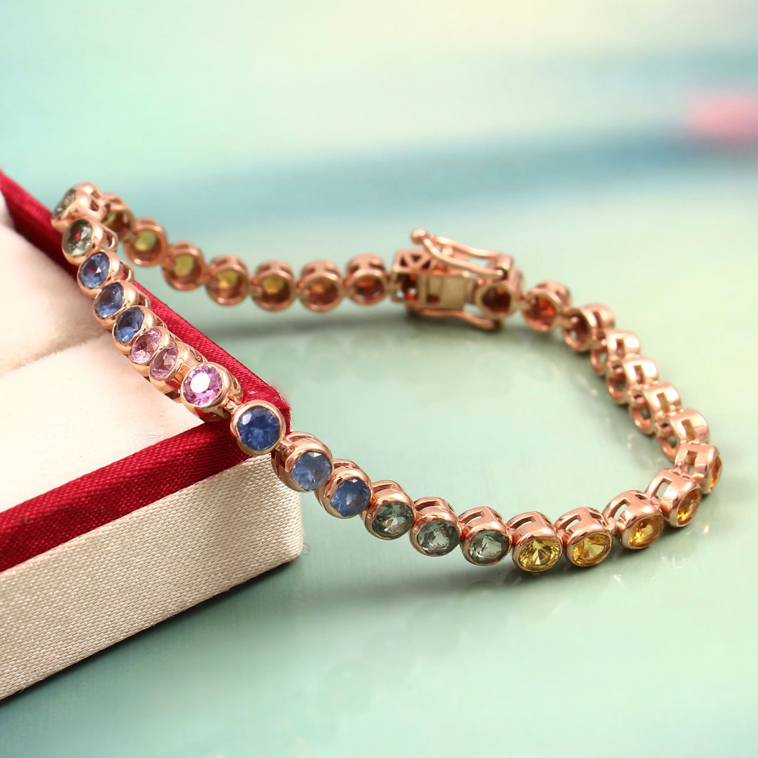 Round Gemstone Multi Rainbow Bracelet Mix Color Sapphire Omber Bracelet ...