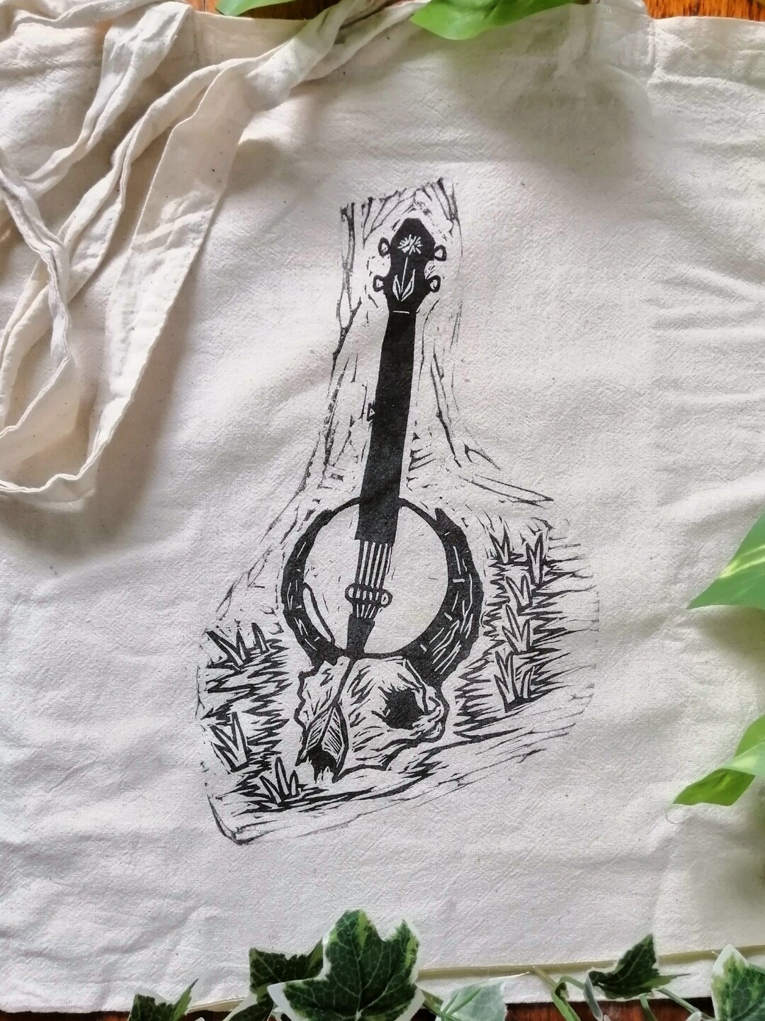 Hand Printed Tote Bag Bull Skull Banjo by Goblinandrogyny - Etsy