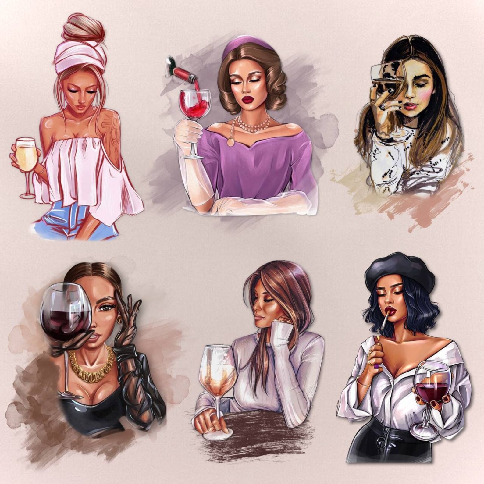 Girl Wine Stickers, Digital Bundle of 6,stickers for Digital Use ...