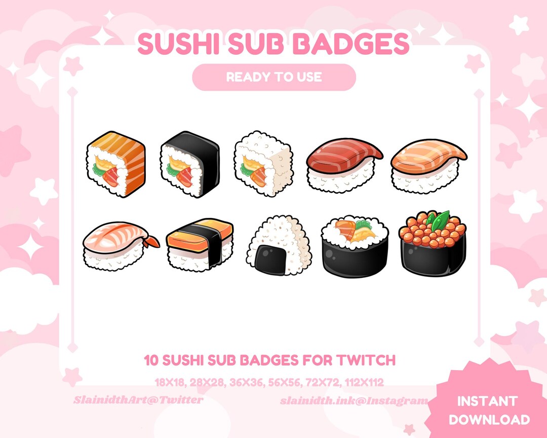 Sushi Subscriber Badges for Twitch, Cute Streamer Emotes (digital ...