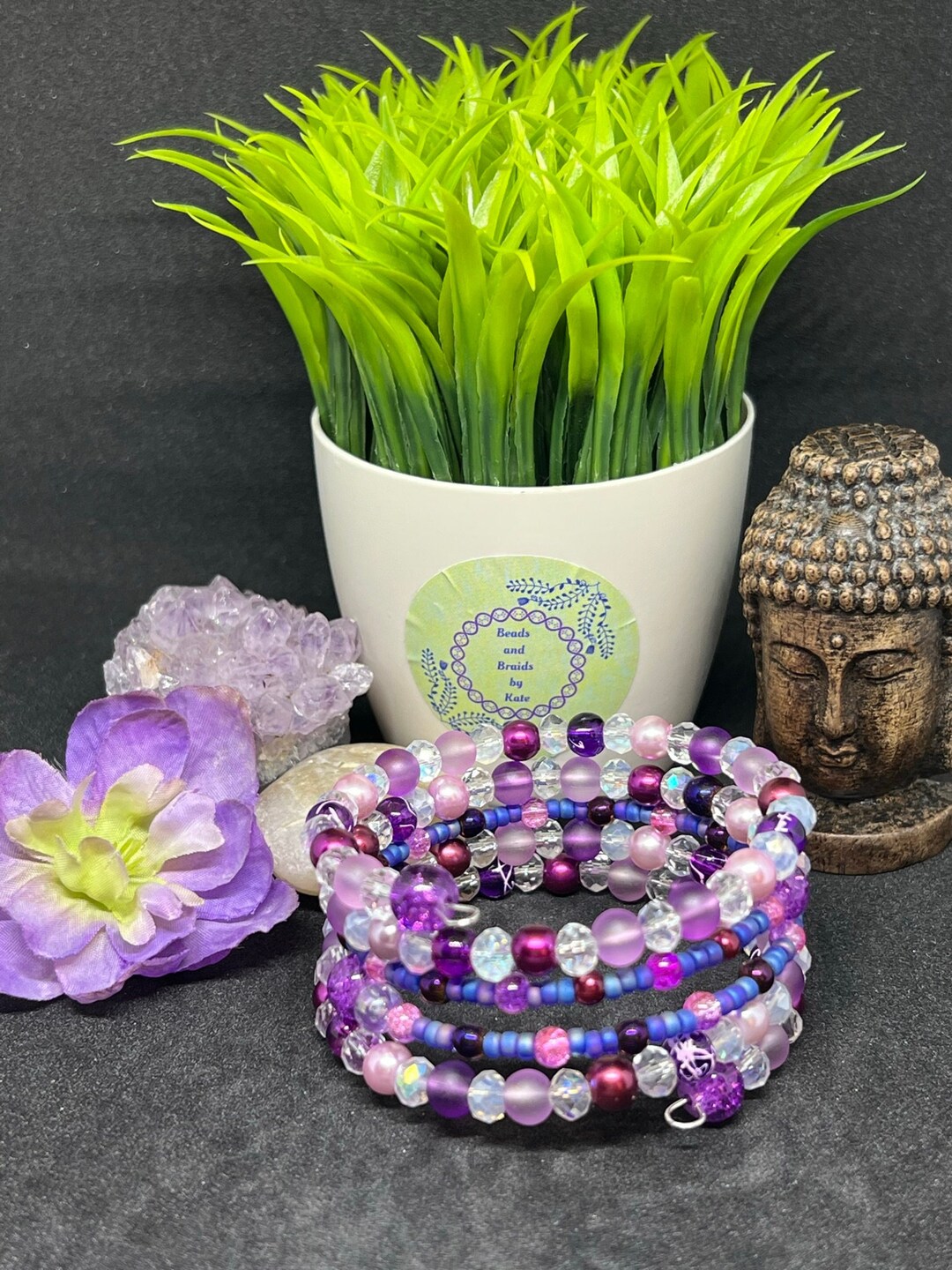 Purple Haze Glass and Acrylic Beaded Wrap Memory Wire Bracelet - Etsy