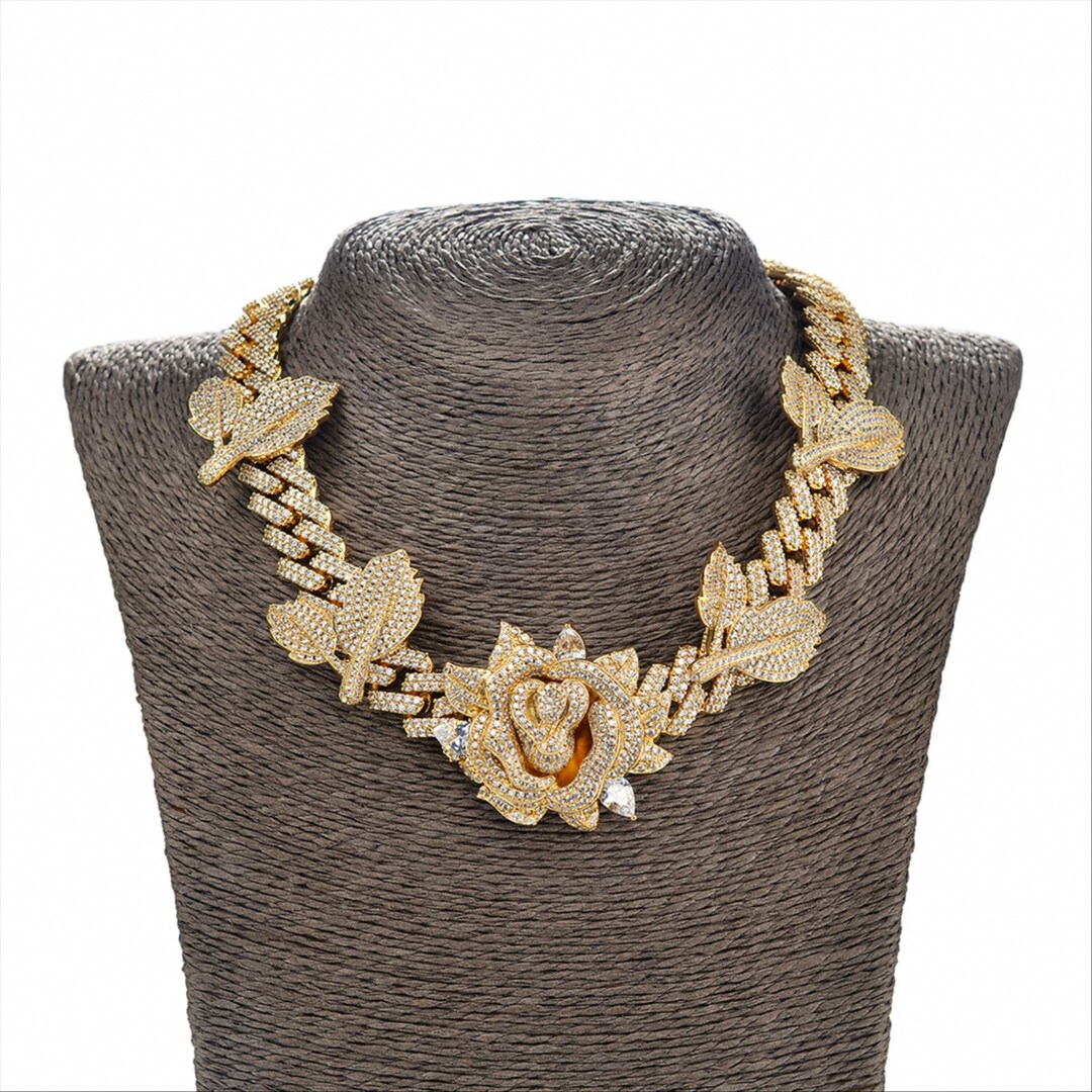 Iced Out Roses Cuban Necklace Roses Cuban Choker Necklace Gold - Etsy