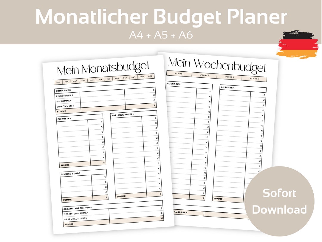 Budget Planer Deutsch A4, A5+A6, Finanzplaner zum Ausdrucken ...
